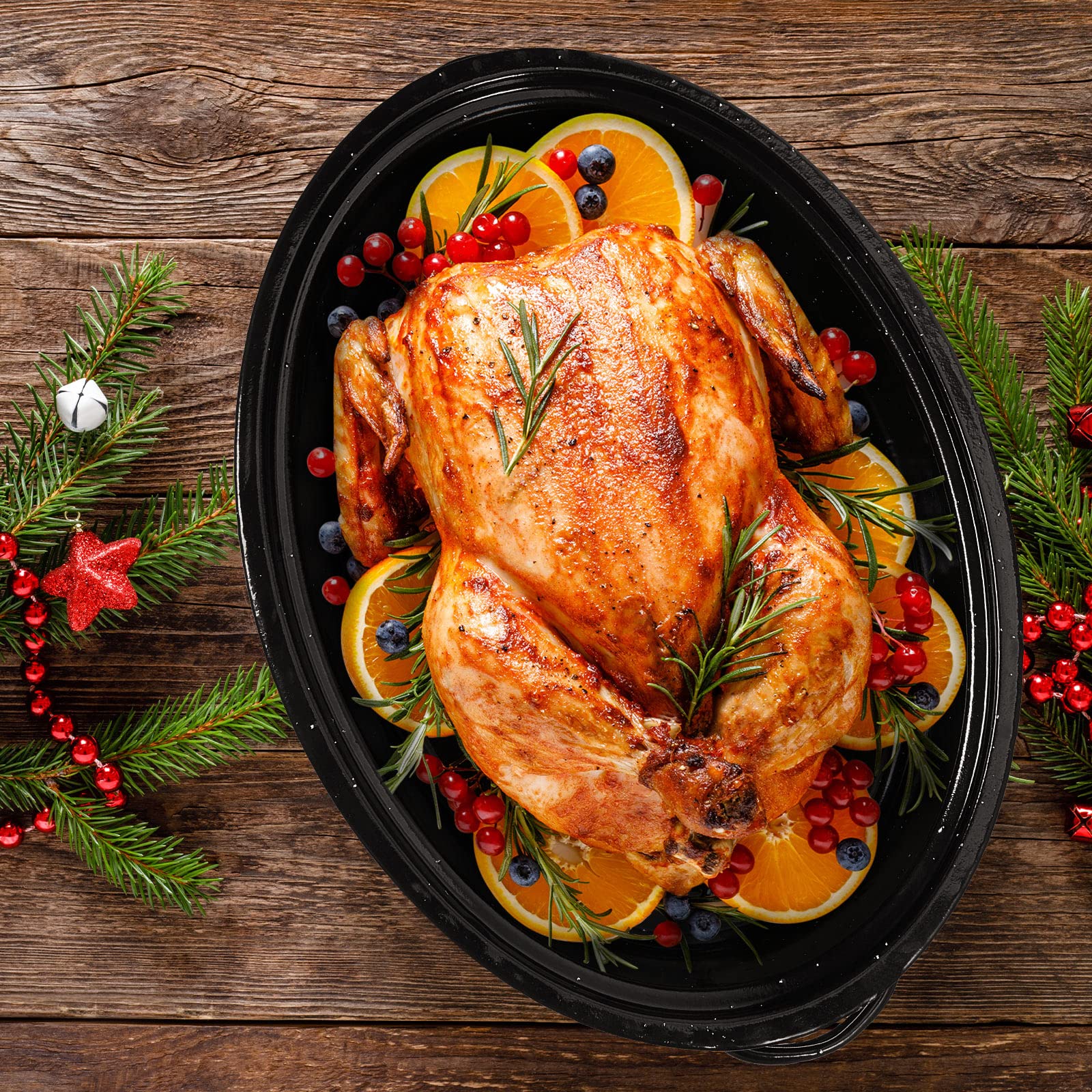 Tessco Roasting Pan 14.5 Inch Enamel Oval Turkey Roasting Pan with Lid 4.8 Quart Non Sticky Safe Spot Black Roaster Pot for Thanksgiving Gift Baking Turkey Cookware