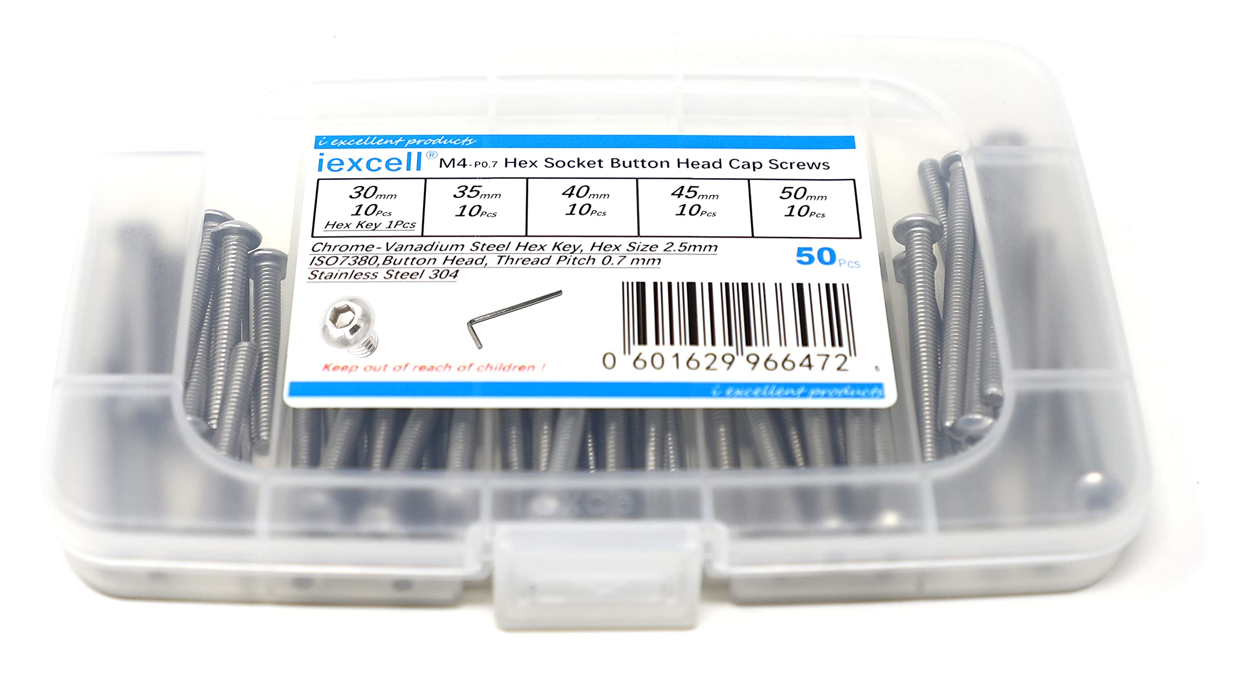 iexcell 50 Pcs M4 x 30/35/40/45/50 Stainless Steel 304 Hex Socket Button Head Cap Screws Bolts Assortment Kit