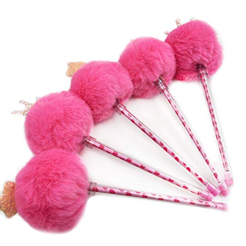 Needle Gel Ink Pens 5 PCS Pom Pom Pen Fluffy Pink Pompoms Plastic Rollerball Pen Signature Ball Point Pens Cartoon Ball Pen for Kids Children Students Women