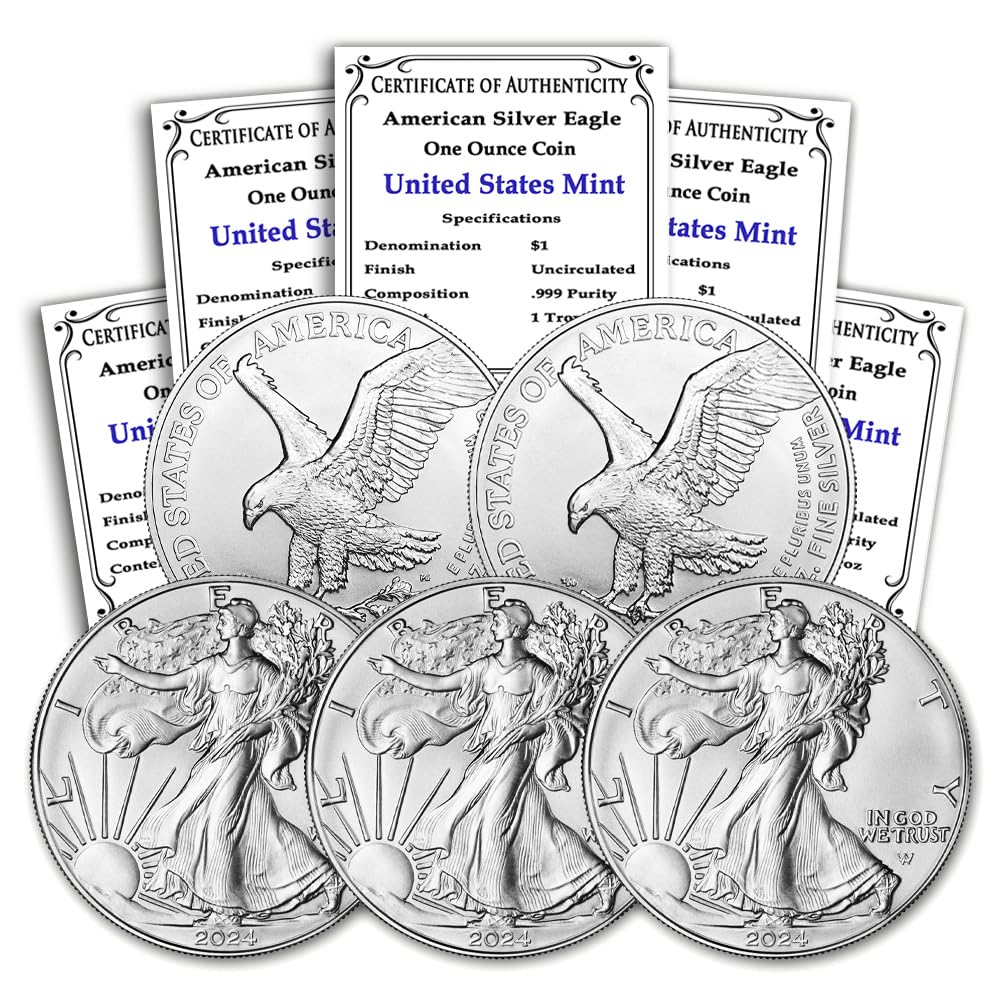 2024 - Lot of (5) 1 oz American Silver Eagle Coins Brilliant Uncirculated with Certificates of Authenticity $1 Seller BU