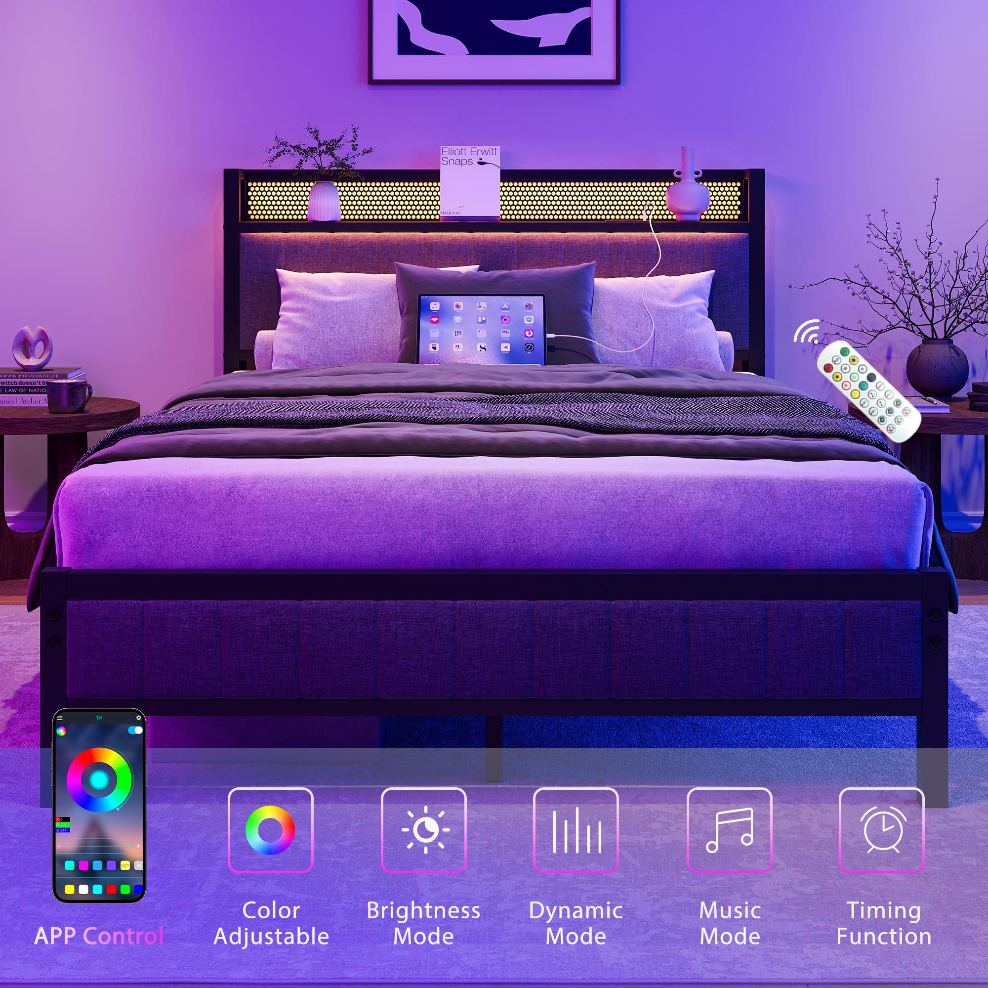 BOFENG Full Size Bed Frame with Storage Headboard/LED Lights,Heavy Duty Metal Upholstered Platform Bed Frame Full Size with Charging Station,Heavy Duty Metal Slats,No Box Spring Needed,Noise Free,Grey