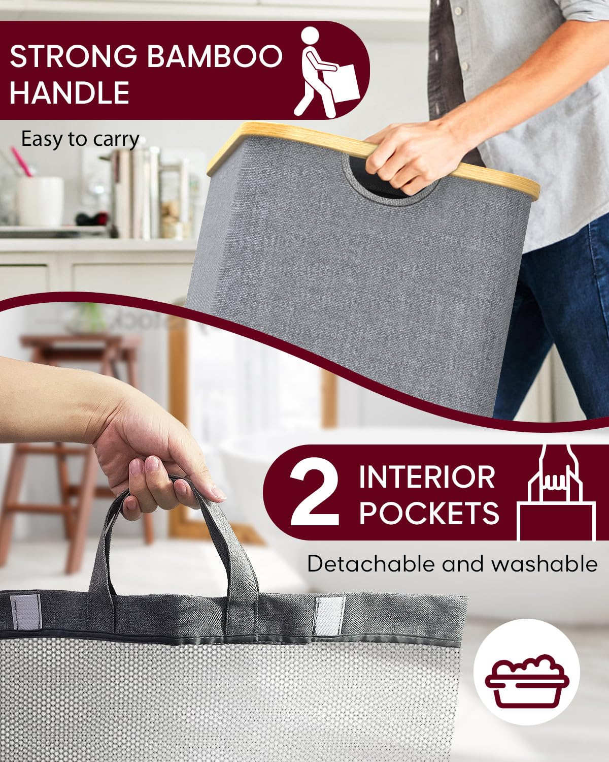 150L Double Laundry Hamper with Lid - CHAMUTY Dirty Clothes Hamper, Collapsible Laundry Baskets, Tall and Slim Design, Perfect for Dorm and Bedroom Use (Grey)