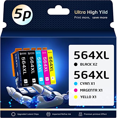 564XL Ink Cartridges for HP Printers 5-Pack Combo (2 Black, 1 Cyan, 1 Magenta, 1 Yellow) Works with Photosmart 7520 7525 5520 6520 6525 5510 6510 7510, DeskJet 3520 3522, OfficeJet 4610 4620 Printers