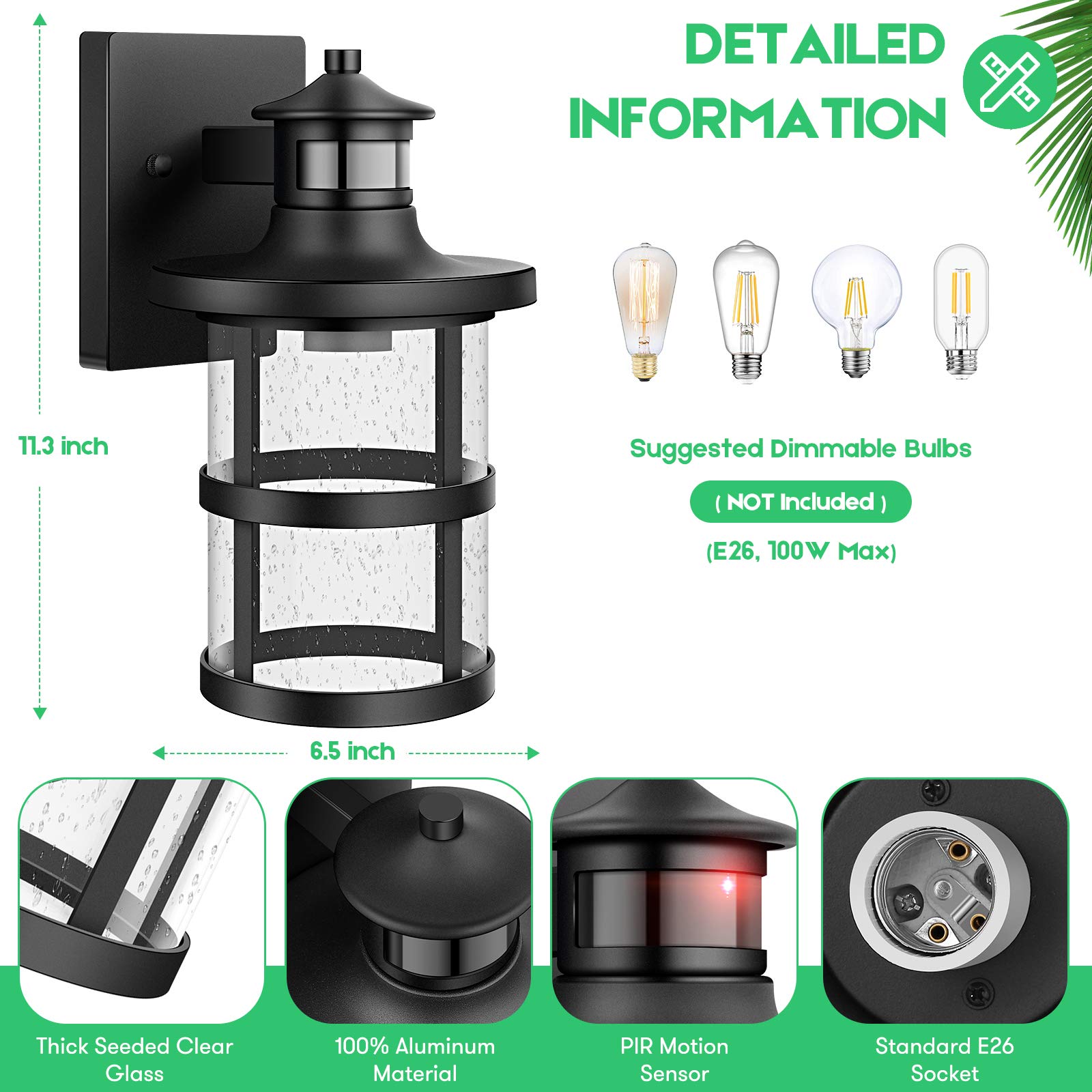 2-Pack Upgrade Outdoor Wall Lantern with Motion Sensor, Waterproof Dusk to Dawn Wall Sconce, Anti-Rust Porch Light Fixtures Wall Mount with Seeded Glass for Entryway Doorway Garage, Motion Activated