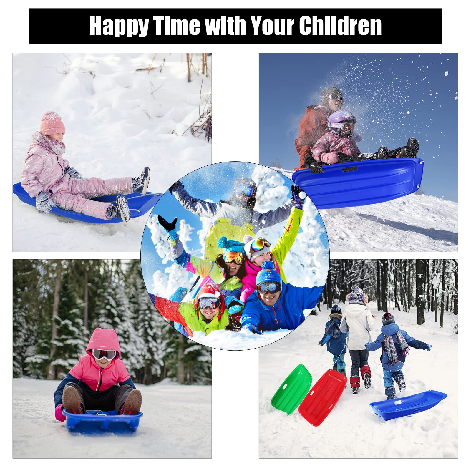 2 Pcs Plastics Snow Sled,Snow Sleds with Handle and Rope,Outdoor Winter Sledding Gift for Kids (Blue)