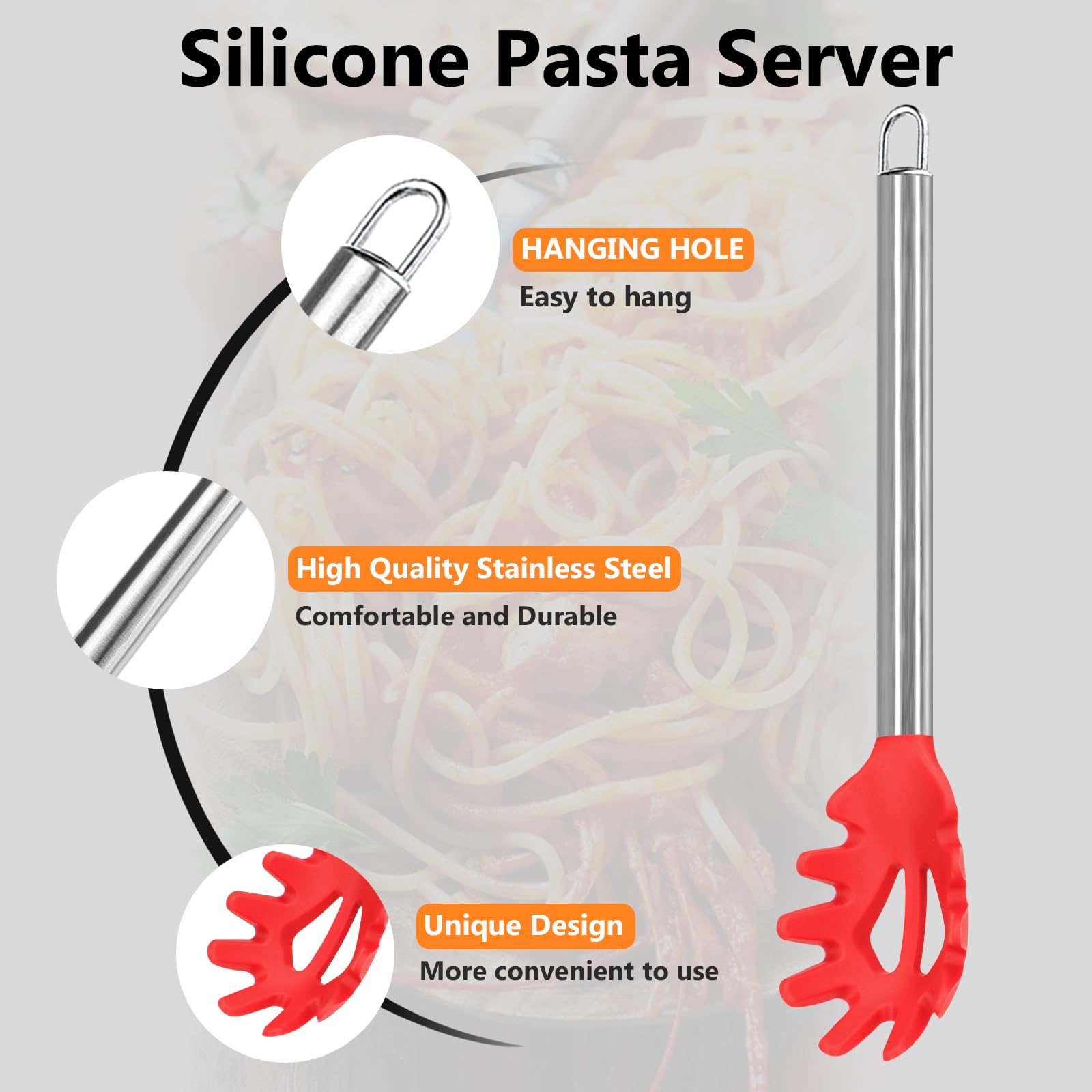 2 Pieces Spaghetti Spoon and Pasta Tong,Non-stick 13-Inch Silicone Spaghetti Fork and 9.8-Inch Stainless Steel Handle Spaghetti Tong Food Clip for Spaghetti Noodle (Red)