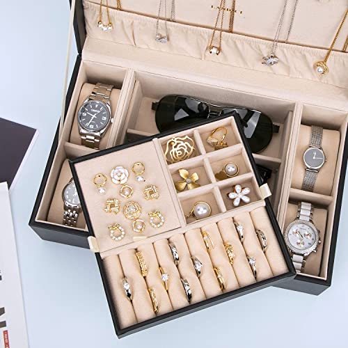 LANDICI Jewelry Box Organizer for Women Girls, Large 2 Layer Men Watch Case with Removable Tray, PU Leather Jewellery Storage Holder Display for Watches Sunglasses Rings Earrings Necklace, Black