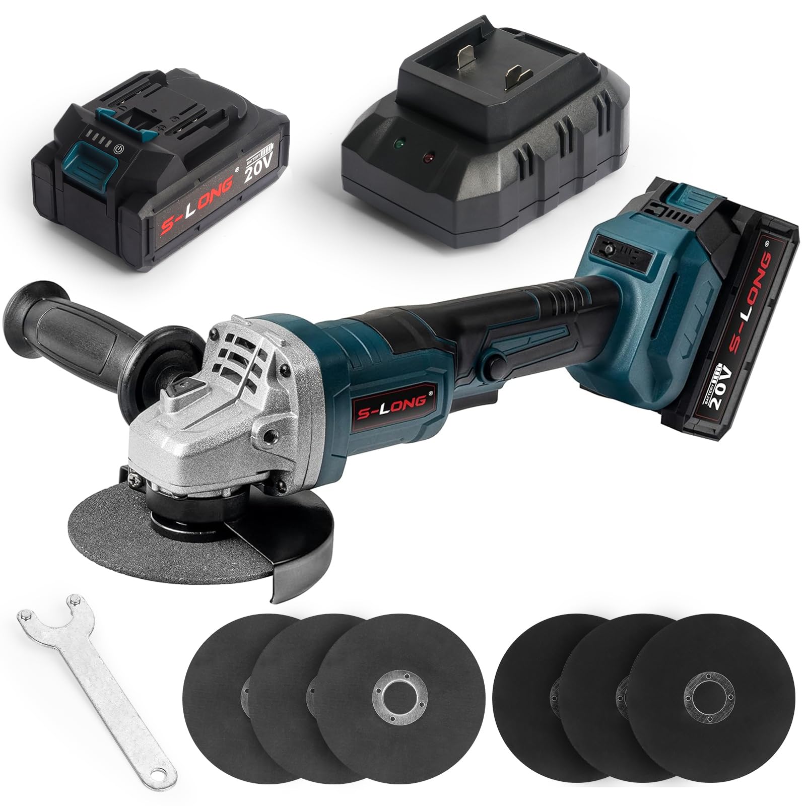 S-LONG Cordless Angle Grinder with 4.0AH Batterie, 20V Power Angle Grinder Tools with Fast Charger, 9000 RPM Brushless Motor Metal Grinder, 4-1/2'' Cutting Wheels, Flap Disc for Cutting