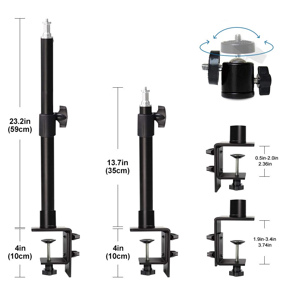 Desk Mount Stand, 2 Pack DSLR Camera Desk Mount C Clamp Light Stand, 13.7" ~23.2" Photographic Light Boom Stand with 360° Ball Head for Camera, Ring Light, Video Light, Video Conference Light