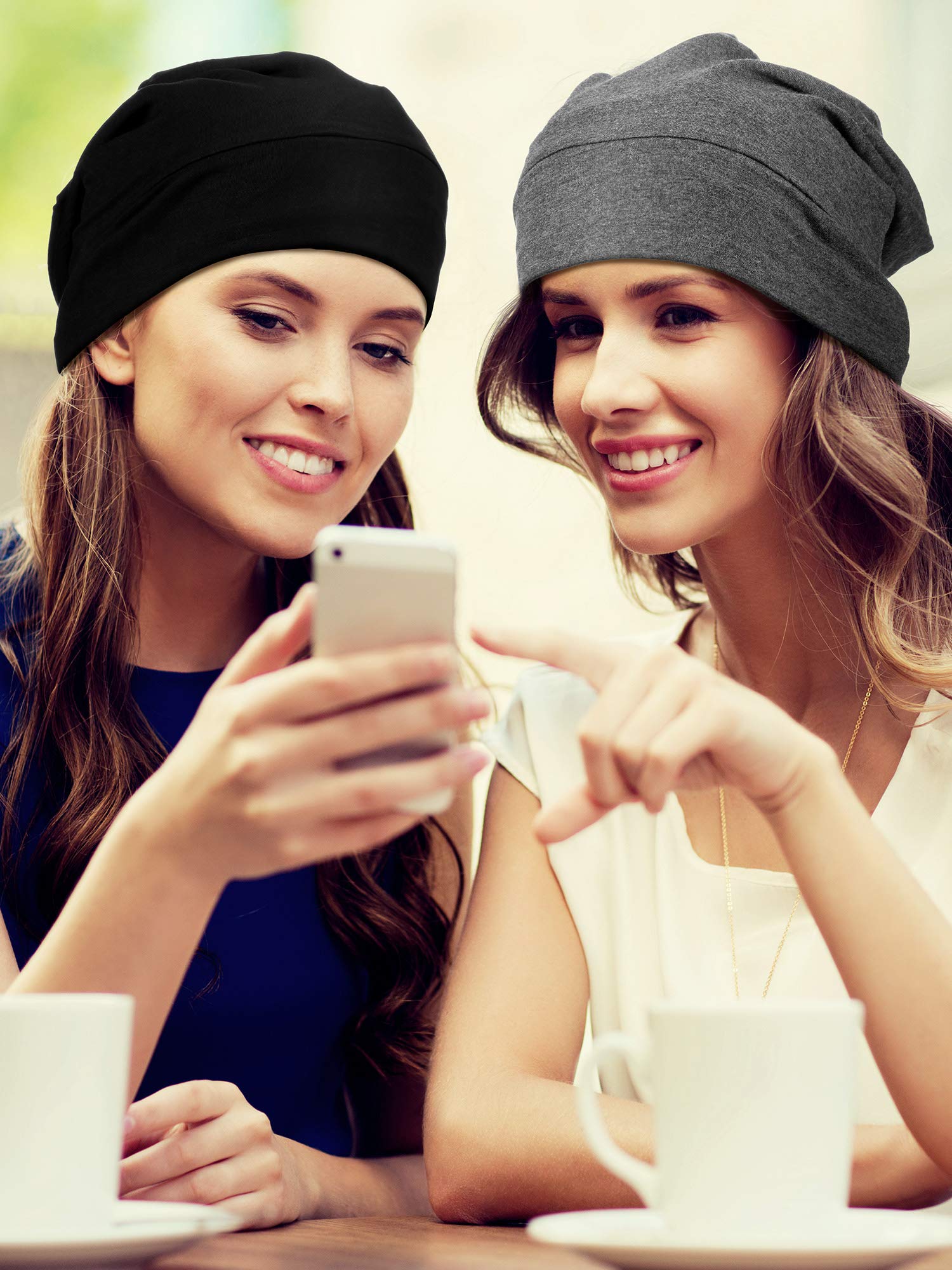 2 Pieces Satin Lined Sleep Cap Slouchy Beanie Sleeping Cap Night Skull Cap for Women Girls Black, Dark Grey