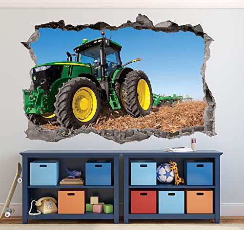 Green Tractor Wall Decal Art Decor 3D Smashed Concrete Farm Sticker Kids Bedroom Mural Custom Gift UP26 (24"W x 16"H)