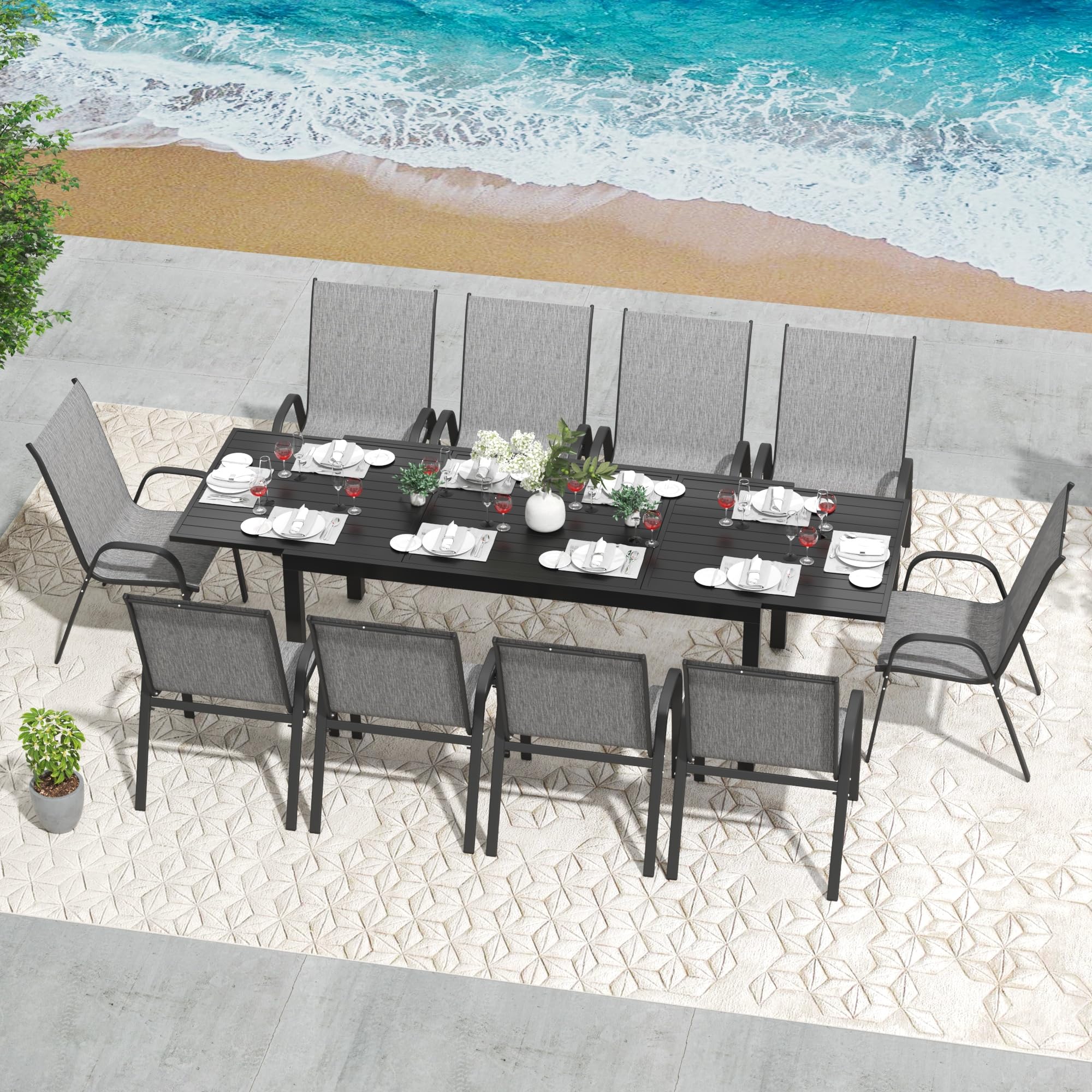 PIZZELLO 11 Pieces Patio Dining Set Outdoor Furniture w/ 10 Stackable Textilene Chairs and 106" Aluminum Extendable Dining Table for Backyard, Garden, Porch and Poolside