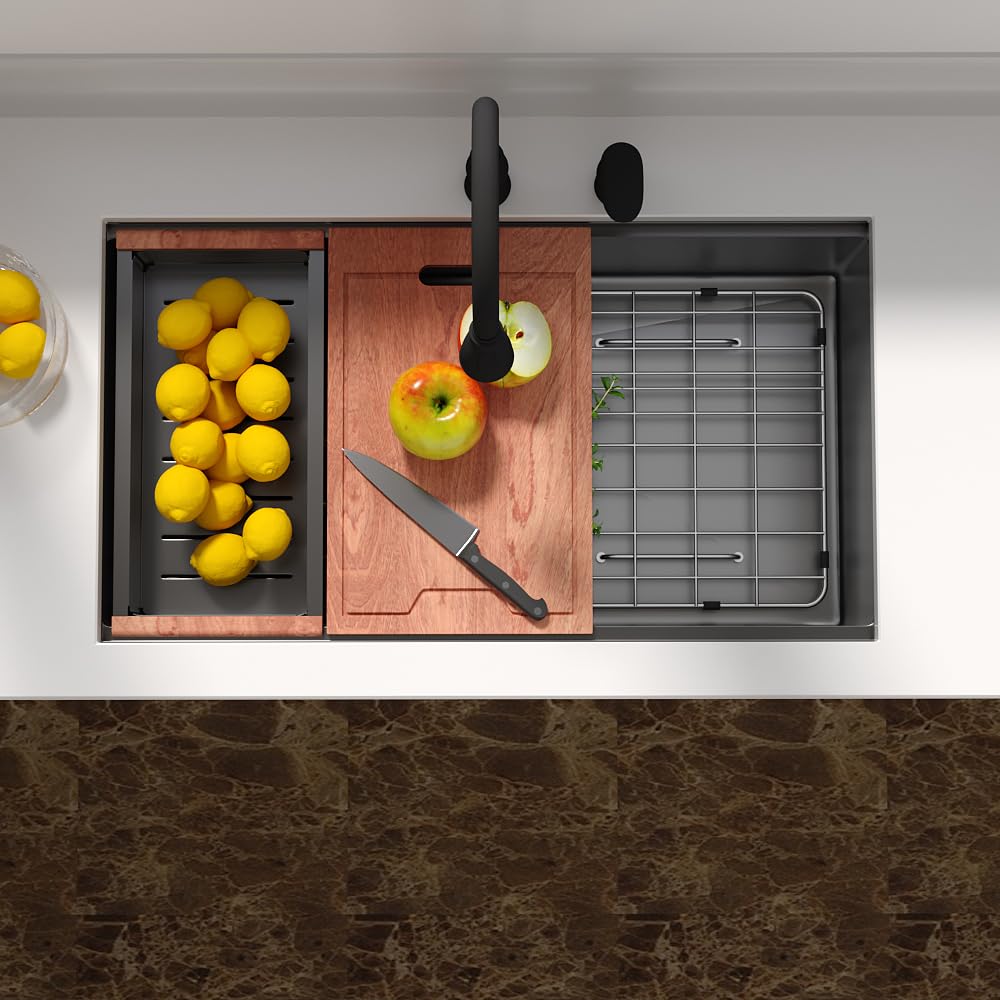 33 Kitchen Sink Black Stainless - Lordear 33 Inch Undermount Sink Ledge Workstation Gunmetal Black Stainless Steel 16 Gauge Single Bowl Under Counter Kitchen Sink Basin with Accessories