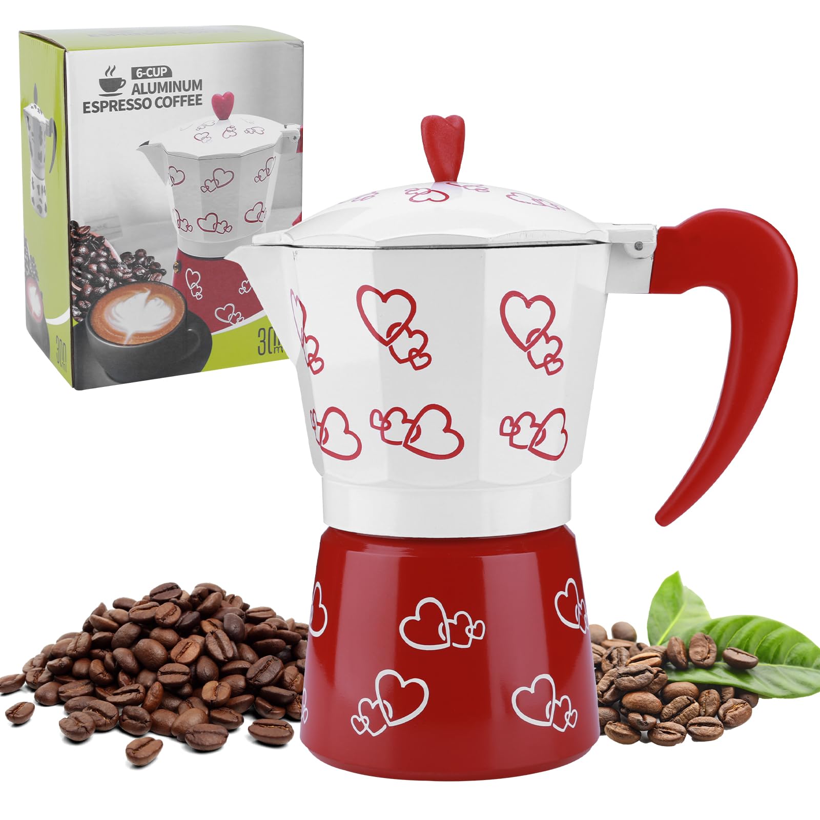 SHANGSKY Espresso Maker Italian Coffee Maker 10oz, Stovetop Coffee Maker Cafetera Italiana Aluminum Mocha Pot with Wooden Handle, Stove Top Espresso Machine (Heart)