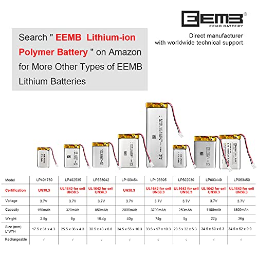 EEMB Lithium Polymer Battery 3.7V 1100mAh 603449 Lipo Rechargeable Battery with Wire JST 2.0mm Connector for Speaker and Wireless Device- Confirm Device & Connector Polarity Before Purchase