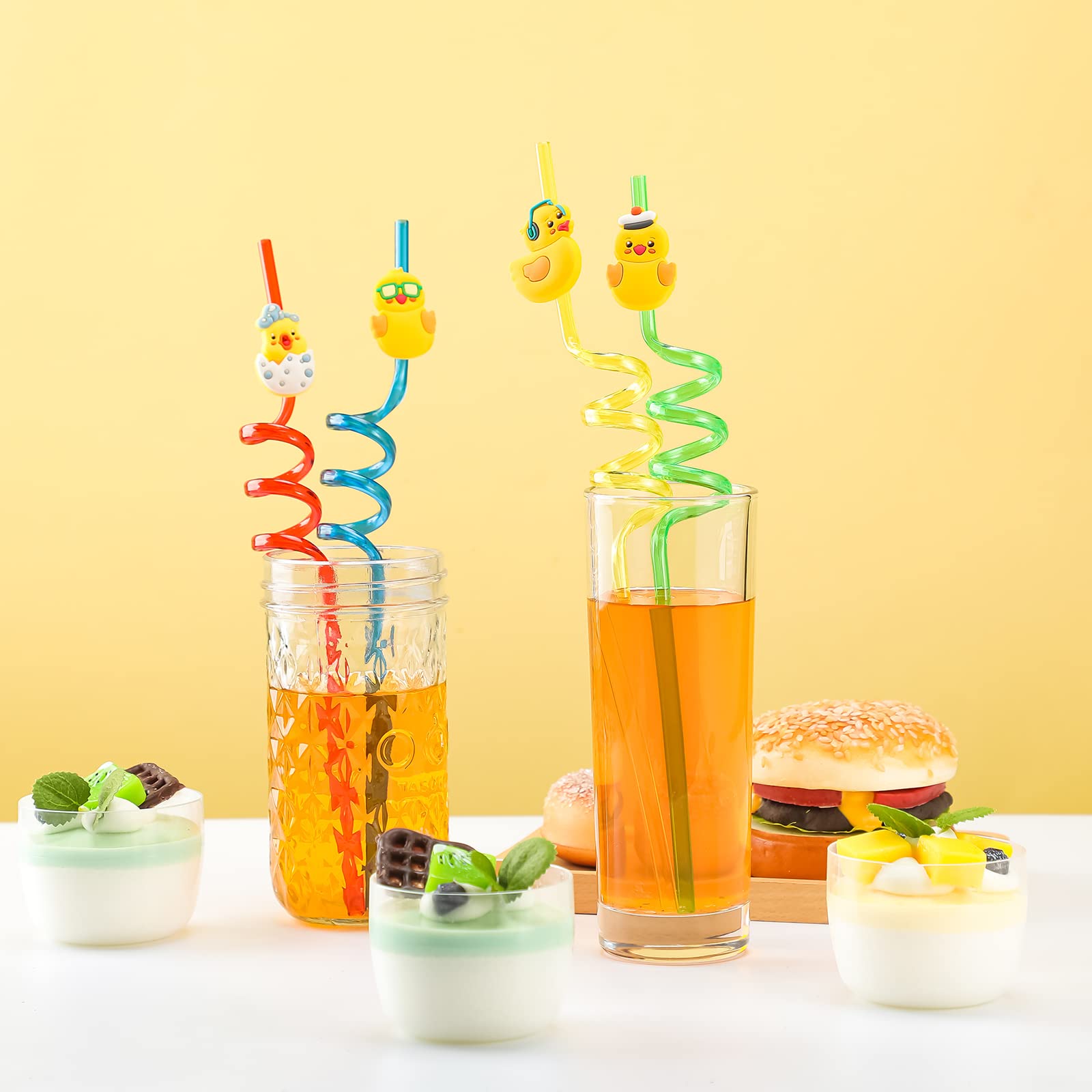 24 Pcs Duck Straws Duck Birthday Party Favors Duck Drinking Straws with 2 Pcs Cleaning Brushes Yellow Duck Theme Reusable Plastic Silly Straws for Kids Birthday Party Supplies, 8 Designs