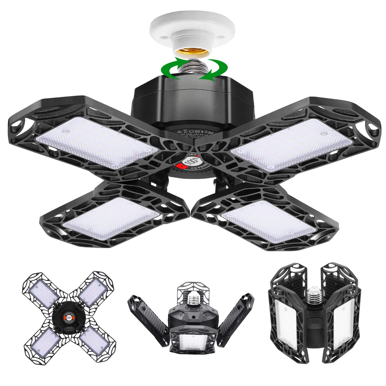 120W LED Garage Light, 12000 Lumens Deformable Four Leaf Tribright Lighting 4 Adjustable Panels Quadruple Glow Garage Light, CRI 80, 6000K Garage Ceiling Light for Warehouse, Basement, Barn