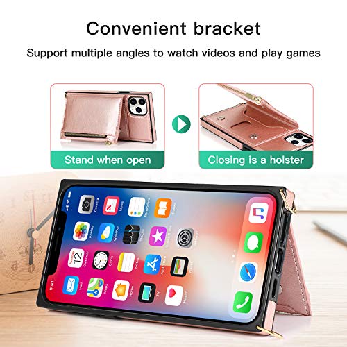LUVI Compatible with iPhone 12 Pro Max Wallet Case with Crossbody Neck Strap Lanyard Purse Handbag Shoulder Strap Cover with PU Leather Credit ID Card Holder Kickstand Stand Protection Case Rose Gold
