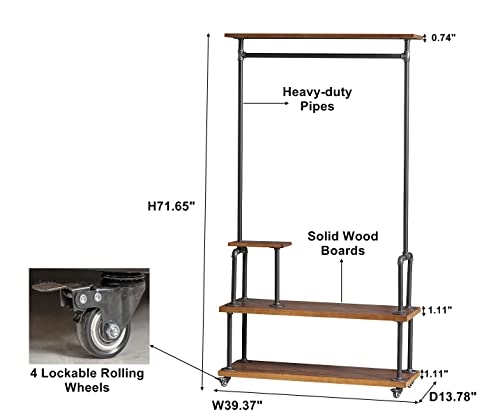 DOFURNILIM Industrial Clothing Rack, Pipe Style Rolling Garment Rack, Heavy Duty Steampunk Clothes Rack, Hall Tree on Wheels with Shelf and Shoes Storage for Home, Retail Store, Rustic Wood