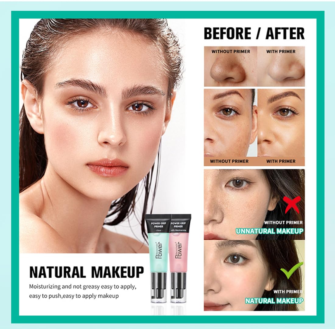 2 Pcs Power Grip Primer for Face Foundation,Hydrating Base Face Primer Gel Long-Wear Primer Foundation Face Moisturizes Makeup for Oily and Dry Skin (Evens Skin Tone+Hydrates Skin)