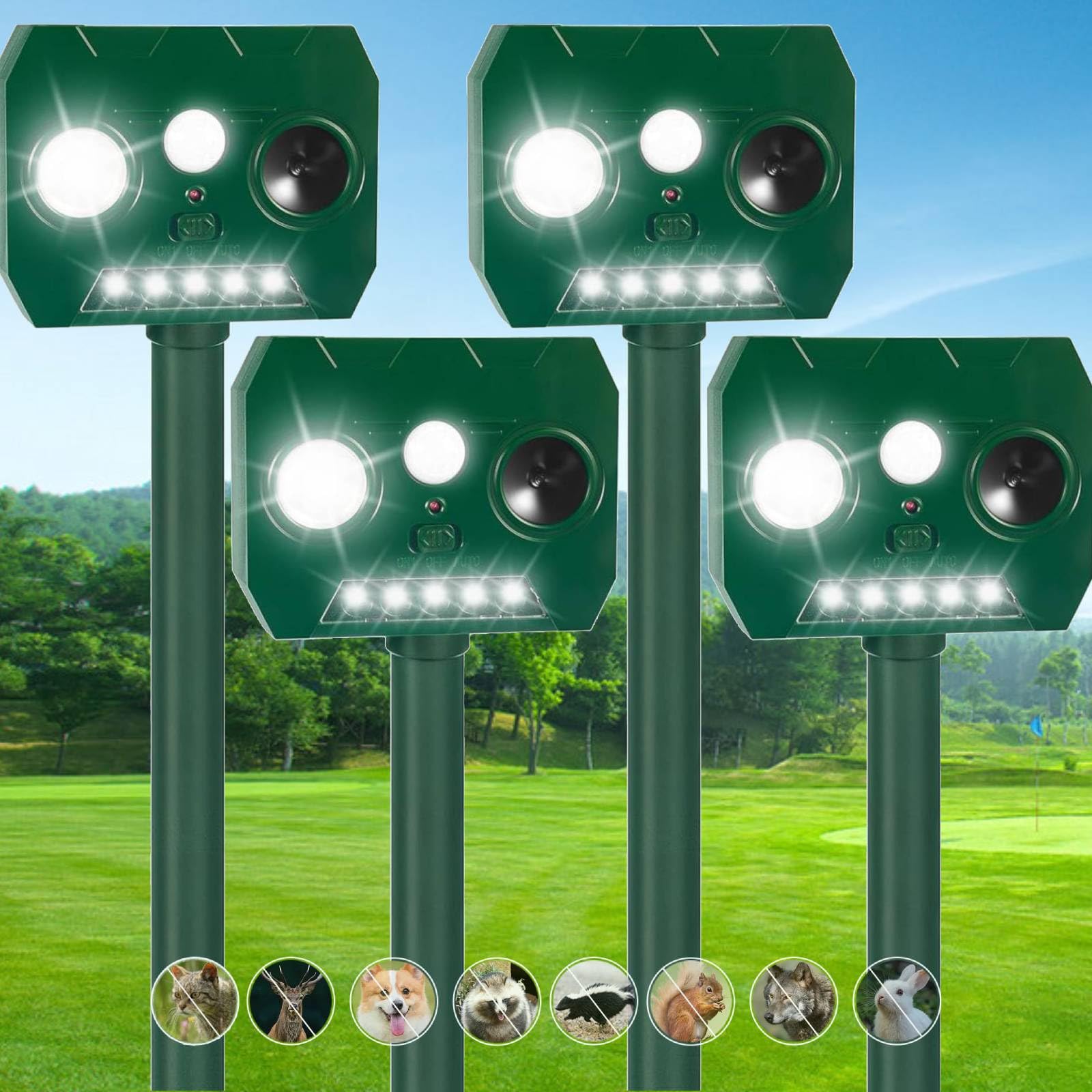 2024 Solar Ultrasonic Animal Repellent Outdoor Cat Deterrent with Flash Light Motion Sensor for Squirrel Cat Deer Skunk Rabbit Coyote Dog, Deer Repellent Devices Skunk Repellent for Yard, 4 Pack