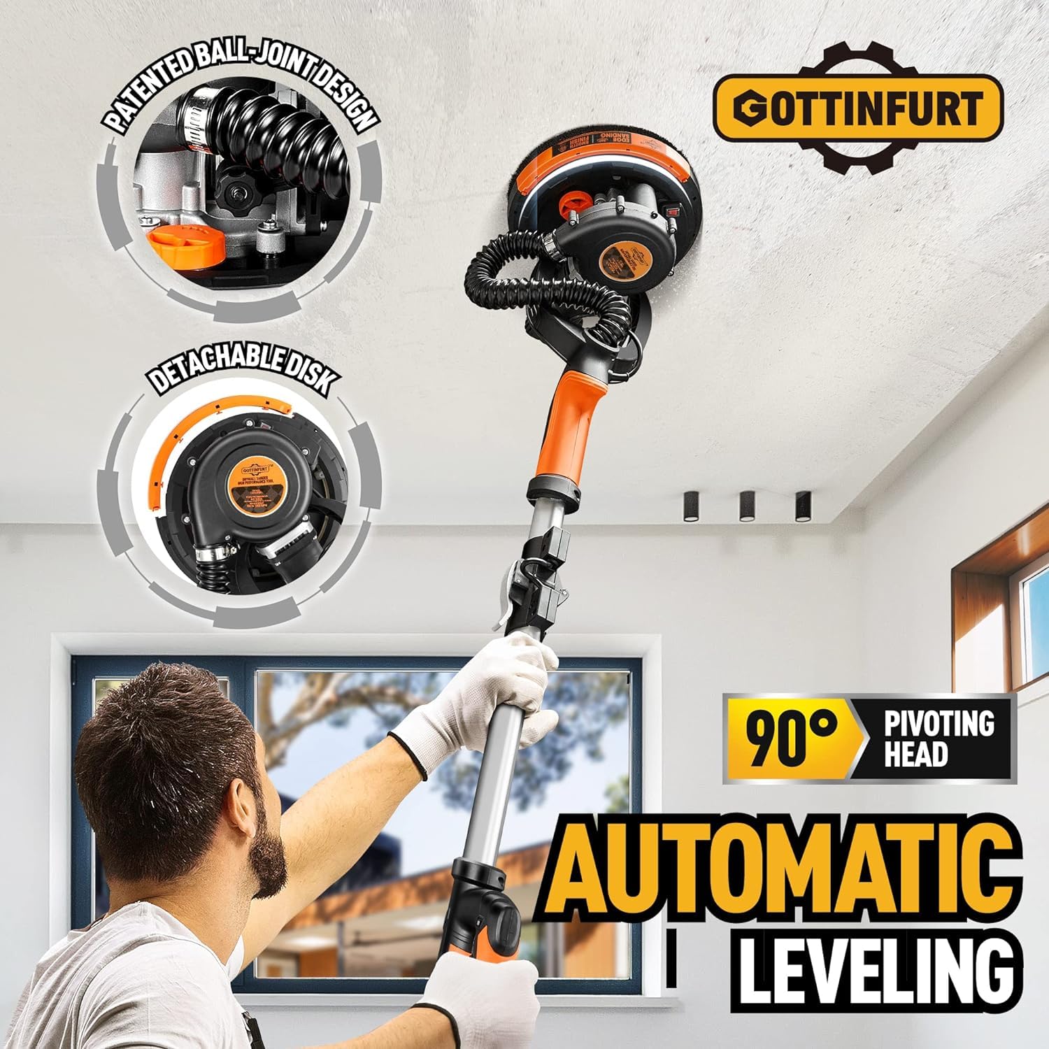 ππππ ππ©π π«ππππ Drywall Sander, 780W Electric Power Drywall Sander with Vacuum, Dry Wall Sander with Extendable Handle, 7 Variable Speed 900-1800RPM, 95.5% Dust Removal for Popcorn Ceiling