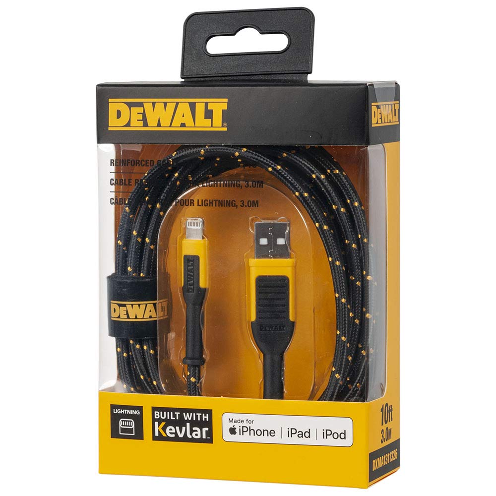 DEWALT Lightning to USB Cable — Reinforced Braided Cable for Lightning — Charger Cord Compatible with iPhone — Apple Compatible Charging Cable… (USB A to Lightning, 10 Foot)