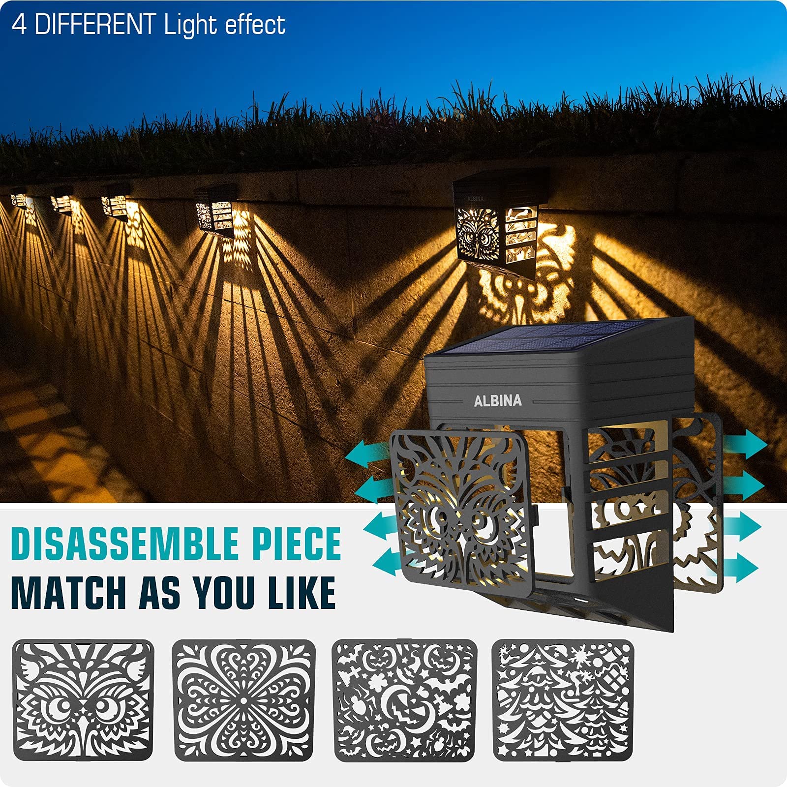 ALBINA Solar Deck Lights | Solar Fence Lights Outdoor Waterproof LED Garden Decorative Lights for Railing, Post, Step, Frontdoor | Auto ON/Off Outdoor Solar Lights with Christmas Tree Lamps, 4 Pack
