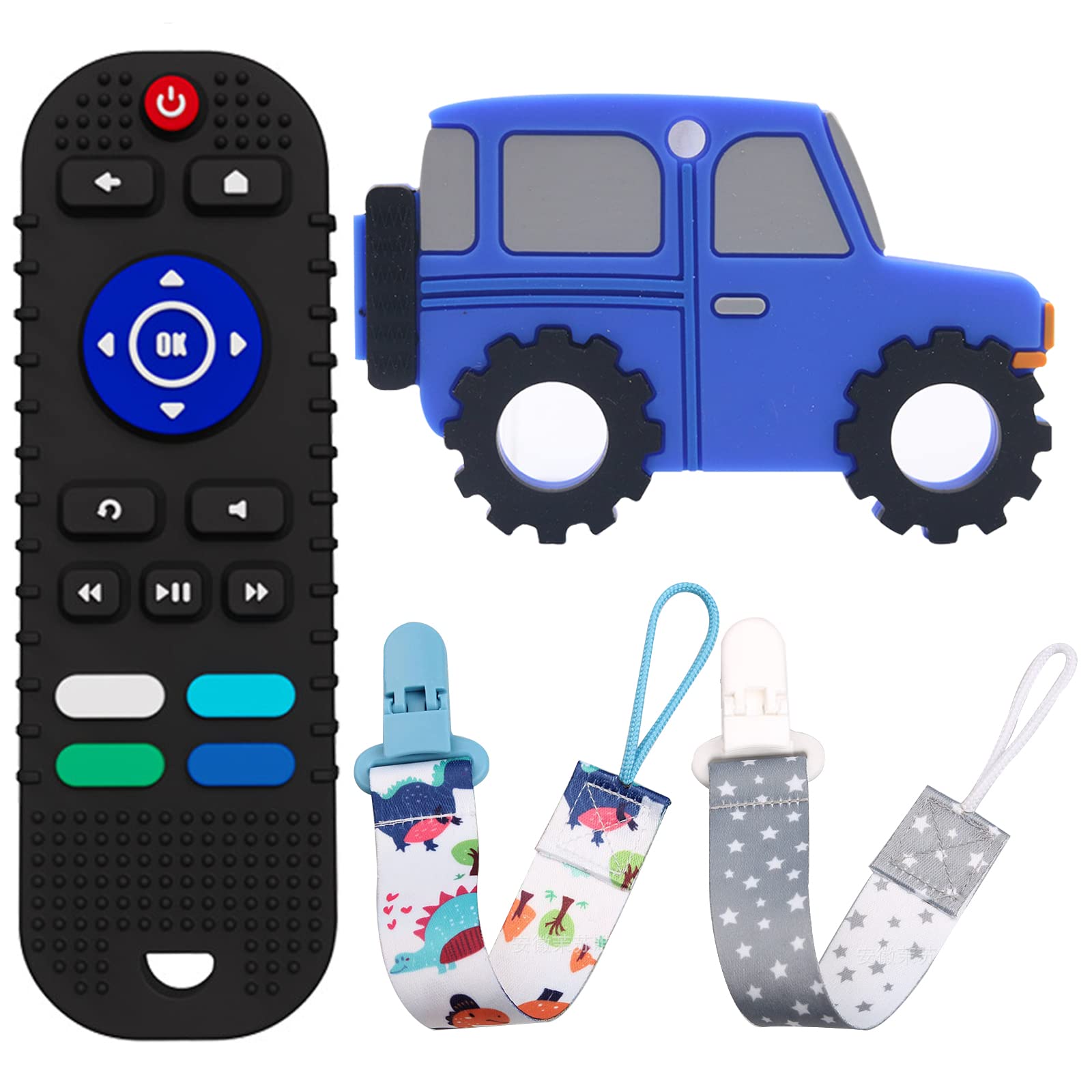 2 Pack Baby Teething Toys Remote Shape Teether Toy Soft Silicone Baby Chew Toy for Babies Soft-Textured Teether, Baby Chew Toys Sensory Toys (1 Rmote, 1 Car)