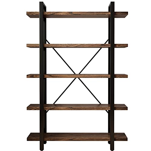 5-Tier Industrial Style Solid Wood Bookcase and Book Shelves,Rustic Wood and Metal Shelving Unit, Living Room,Modern Rustic Open Industrial Book Shelf Office,Distressed Brown (AY-02-5Tier)