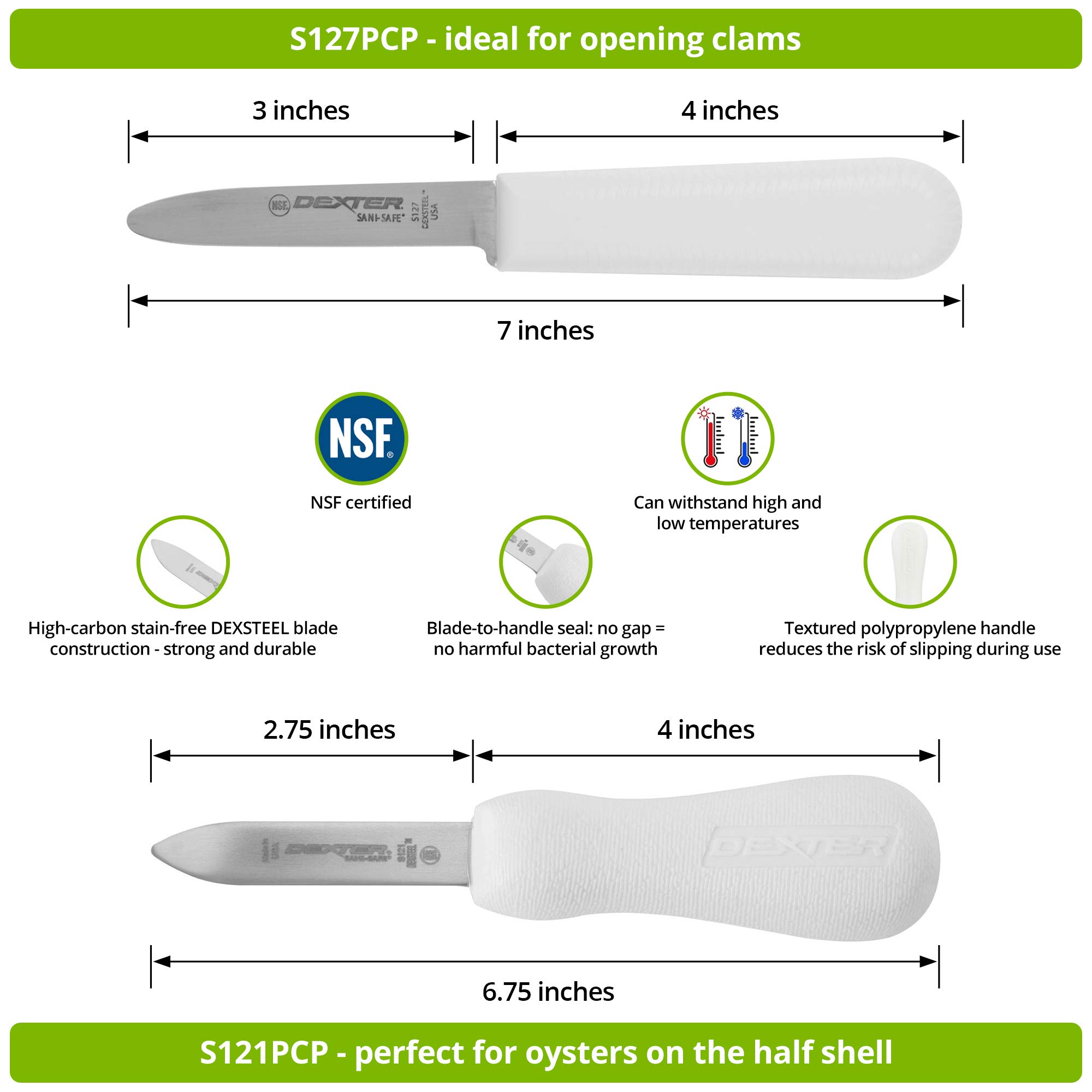 Dexter Russell Oyster Knife (S121PCP) - 2.75" and Dexter Russell Clam Knife (S127PCP) - 3" Sani-Safe Series w/ Oyster Shucking Gloves, 2 Paper Coasters, Ebook Bundle