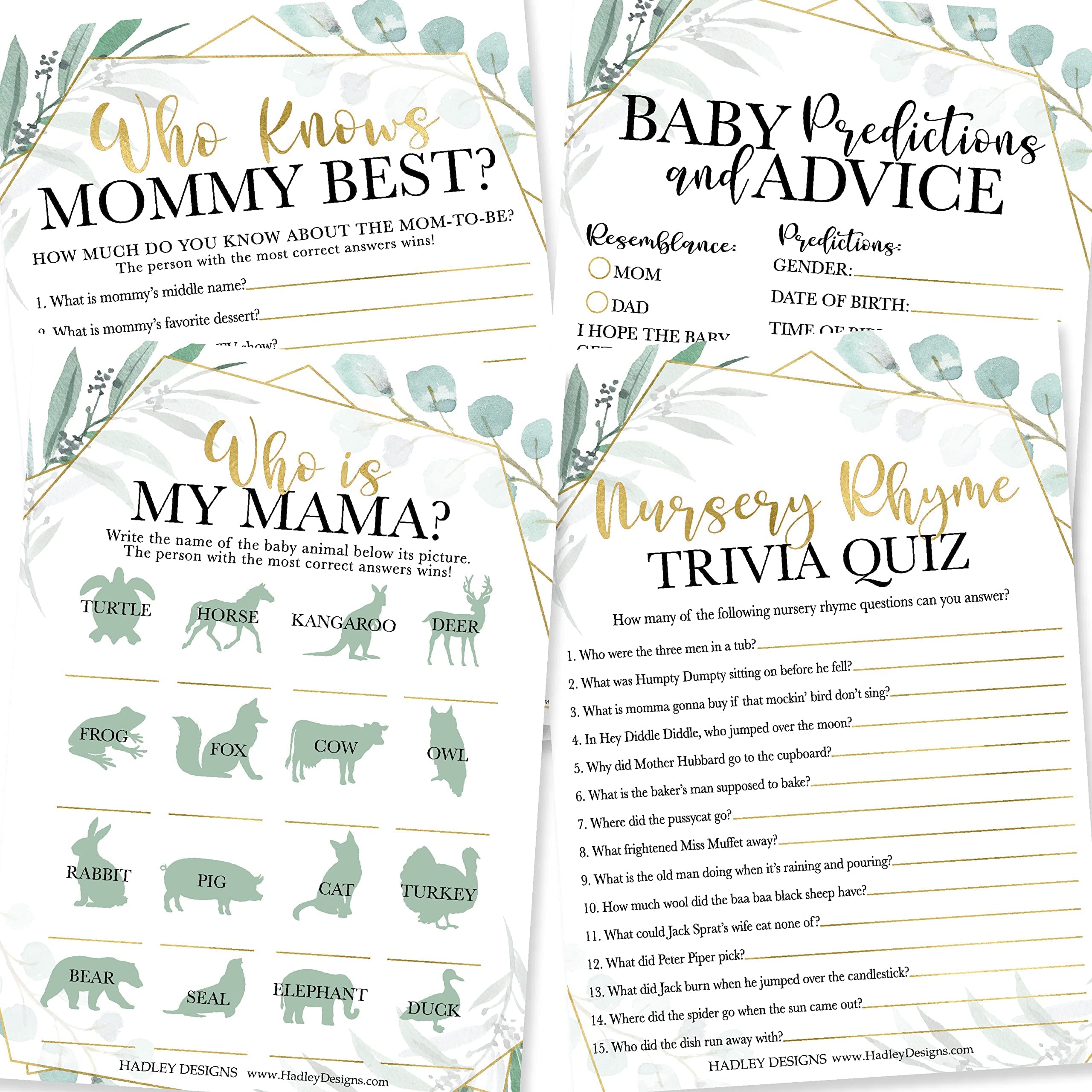 25 Greenery Animal Matching, 25 Nursery Rhyme Game, 25 Who Knows Mommy Best, 25 Baby Prediction And Advice Cards - 4 Double Sided Cards, Baby Shower Party Supplies