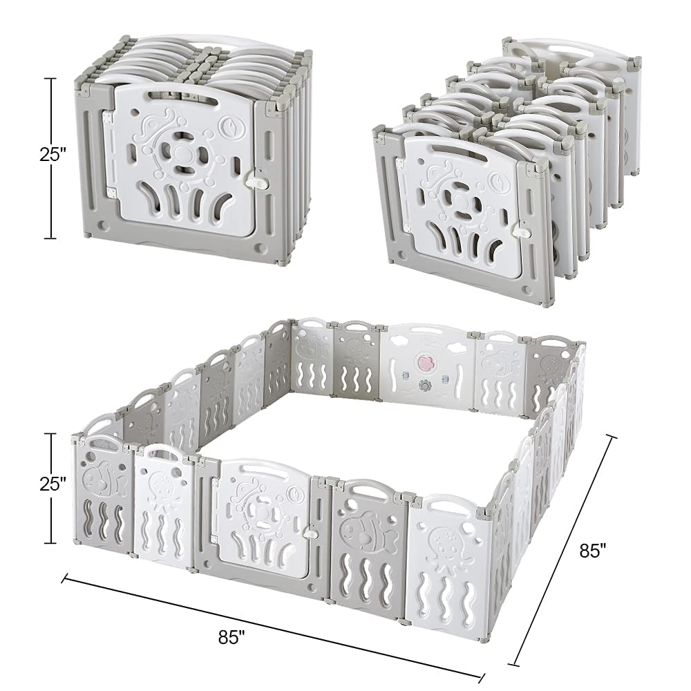 Albott Baby Fence 22 Panel Baby playpen Folding Play Pen Kids Activity Center Safety Play Yard Home Adjustable Shape Free Combination Portable Design for Indoor Outdoor Use (Grey, 22 Panel)