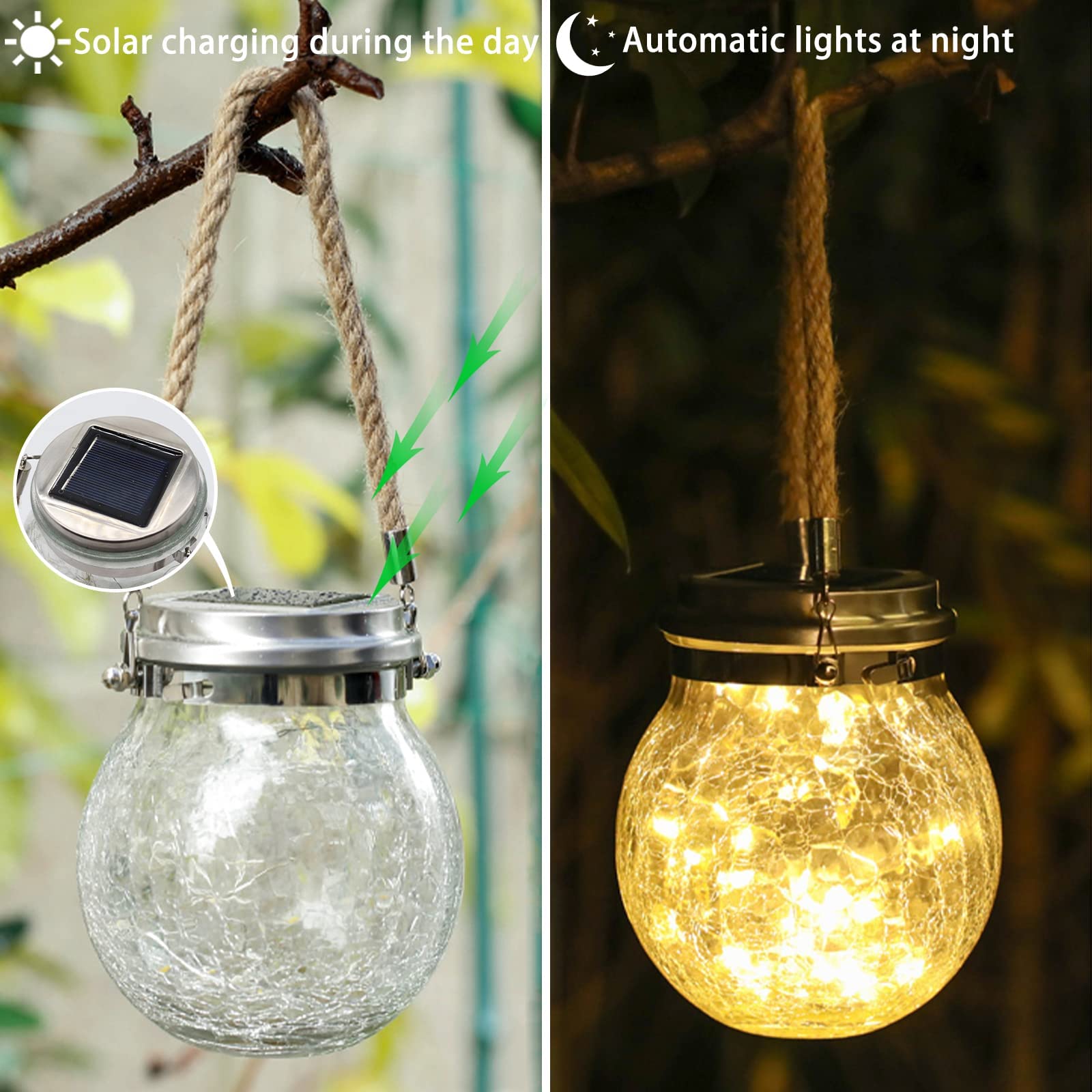 aboxoo Solar Light Hanging Lantern LED 2 Packs Solar Lights Crackle Glass Ball with Warm Light ,Waterproof Solar Powered Lanterns Decorative for Patio Garden Yard.