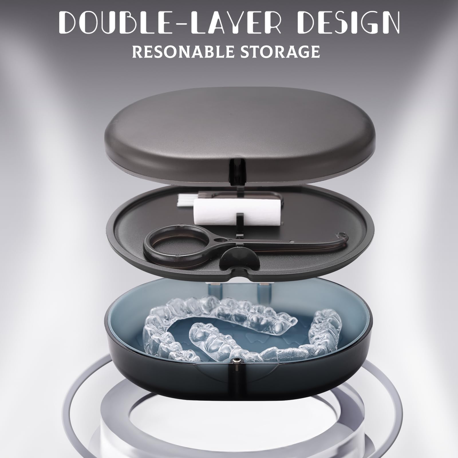2 Pack Black New Double-layer Aligner Case with Belt Chewing,Removal Tool,Cleaning Brush,Built in Mirror Orthodontic Case