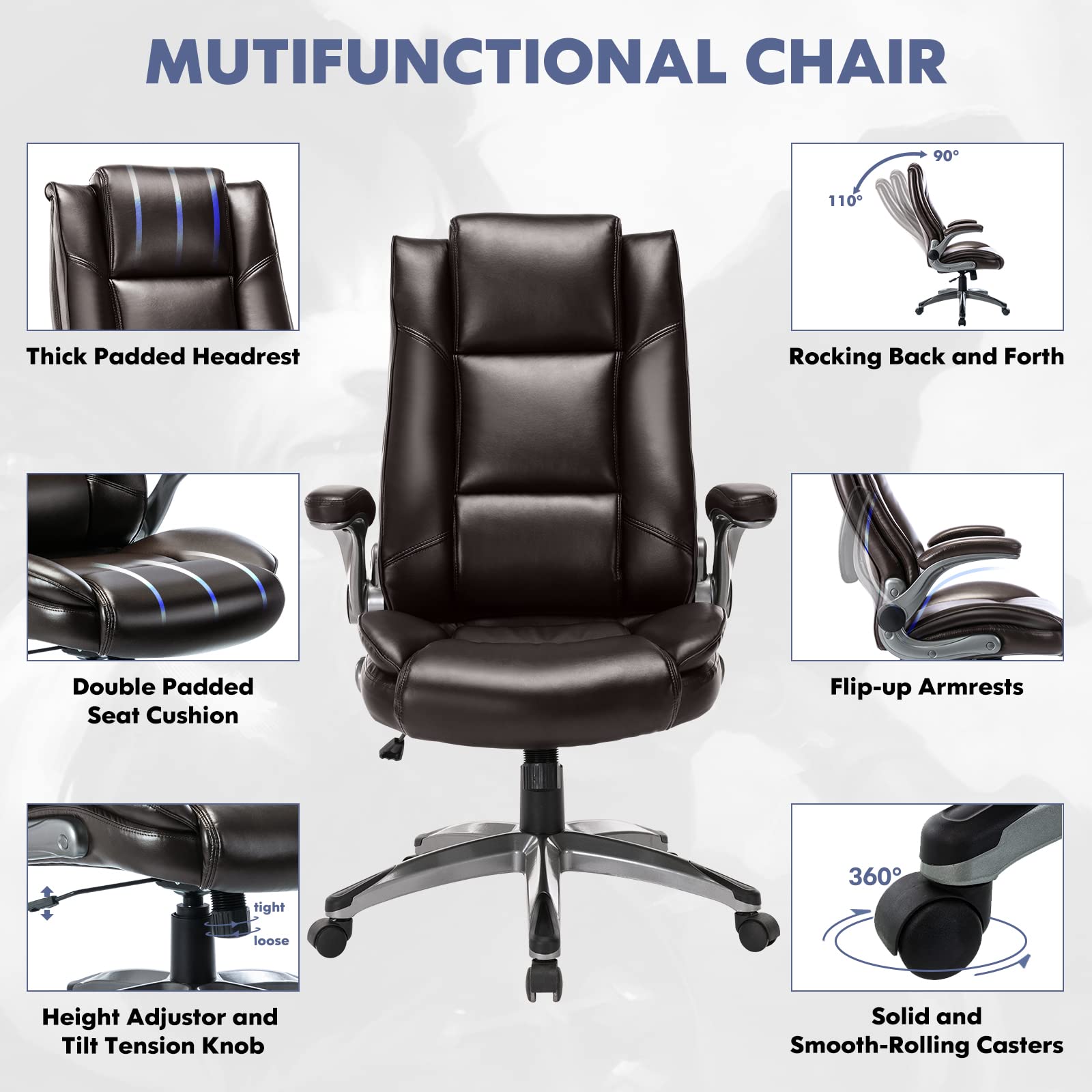 Executive Office Chair High Back-Ergonomic Desk Chair Bonded Leather Computer Chair with Flip-up Arms, Adjustable Tilt Tension, Padded Armrests, Swivel Rolling Home Office Desk Chair-Brown, 300lbs