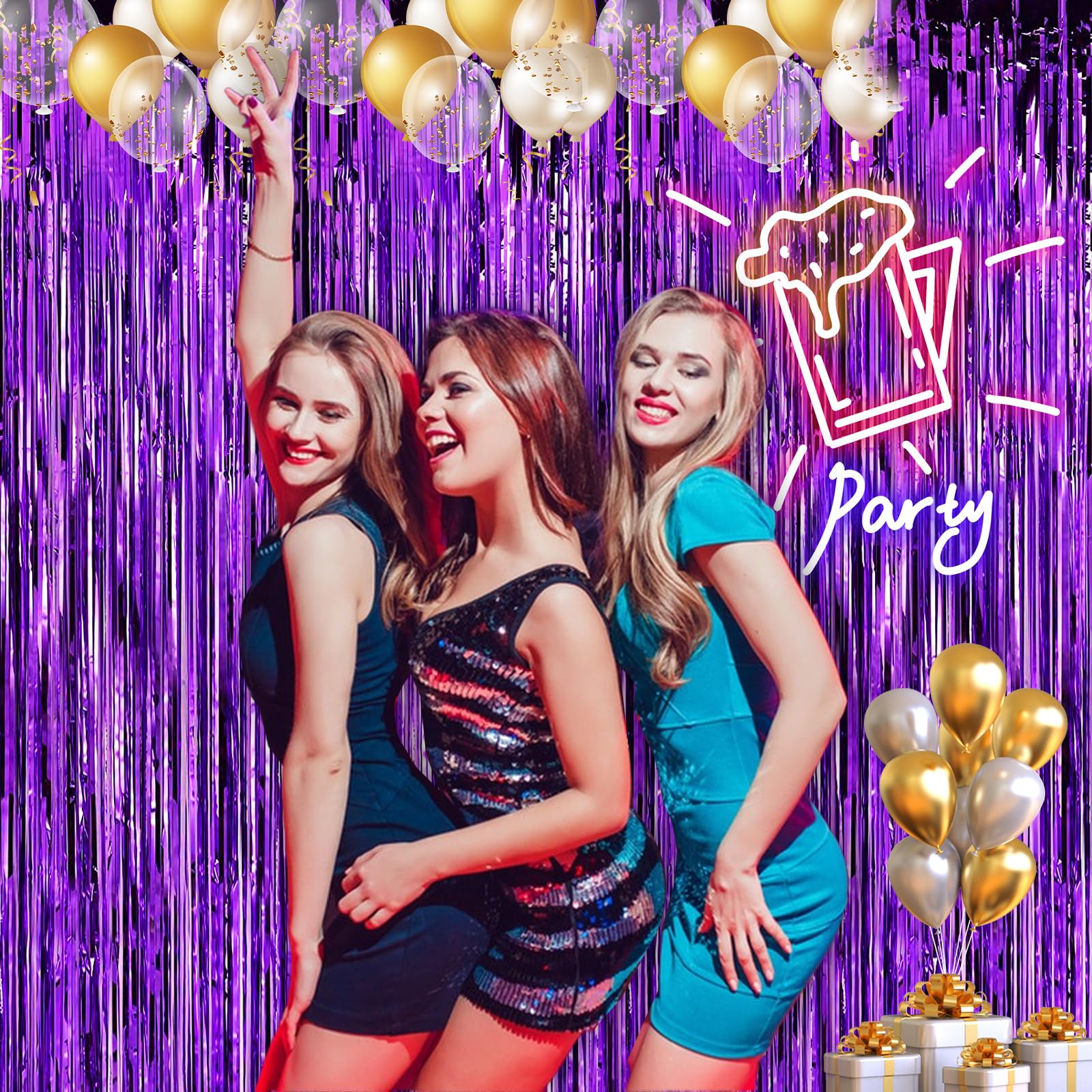 2 Pack 3.2 ft x 9.8 ft Purple Tinsel Curtain Party Backdrop Decorations, Metallic Foil Fringe Backdrop Door for Halloween, Christmas, Birthday Graduat
