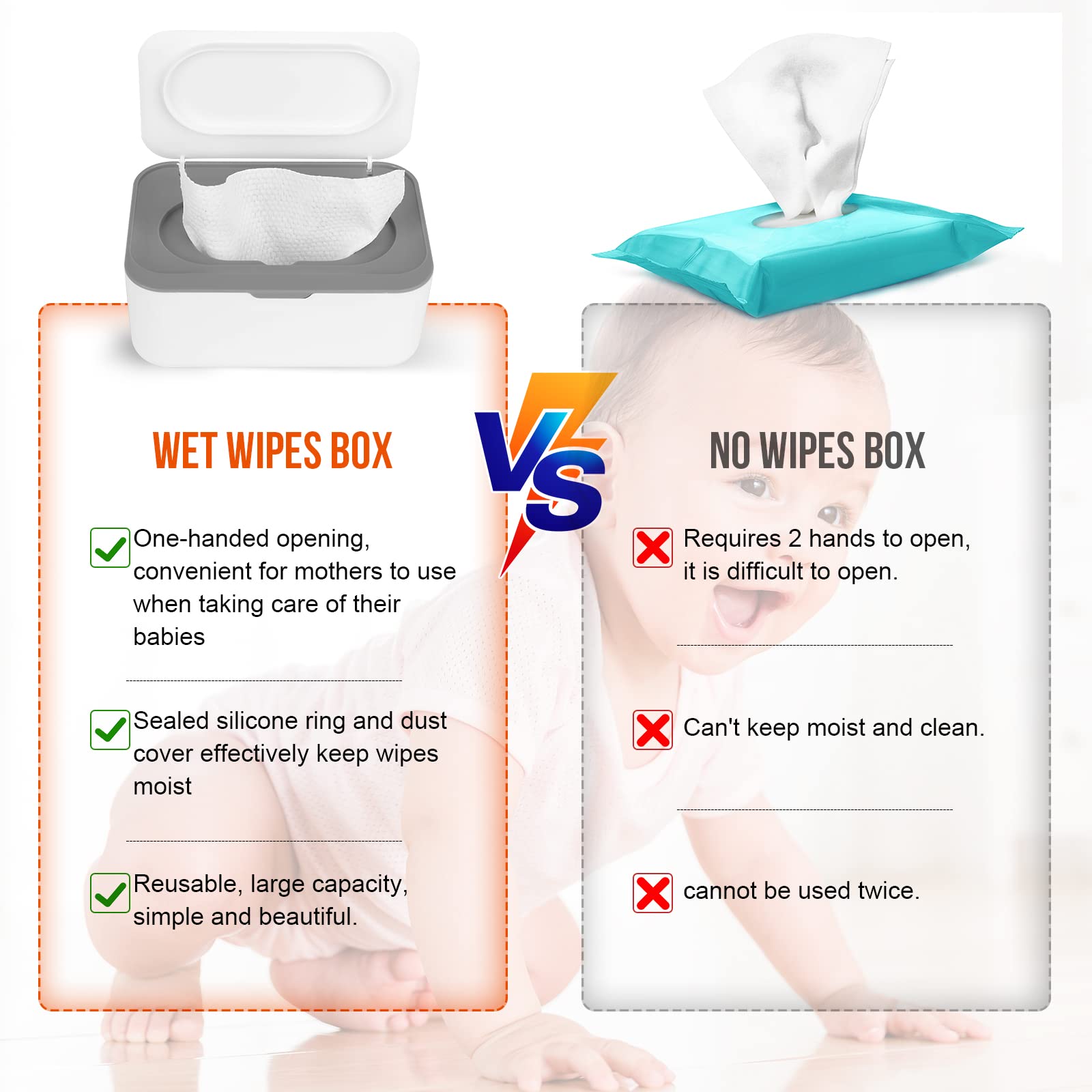 2 Pack Wipes Dispenser, Baby Diaper Wipes Case with Lids, Wipe Holder for Baby & Adult, Wipe Container with Sealing Design, Keeps Wipes Fresh Non-Slip, Easy Open/Close
