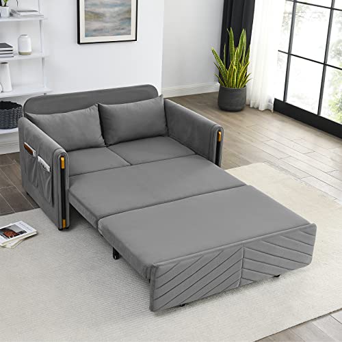 54" Pull Out Couch for Living Room, Convertible Sofa Bed with 2 Detachable Arm Pockets and Velvet Loveseat Multi-position Adjustable Sofa with Bedhead and 2 Pillows for Bedroom, Movie Room - Grey