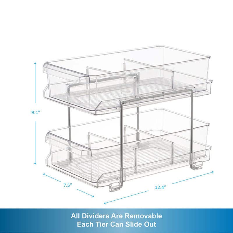 2-Tier Clear Organizer with Sliding Storage Drawers, Baskets, with Handles and Dividers for Kitchen, Closet, Kitchen Pantry Medicine Cabniet Storage Bins Bathroom, and Office, BPA Free (2 Pack)