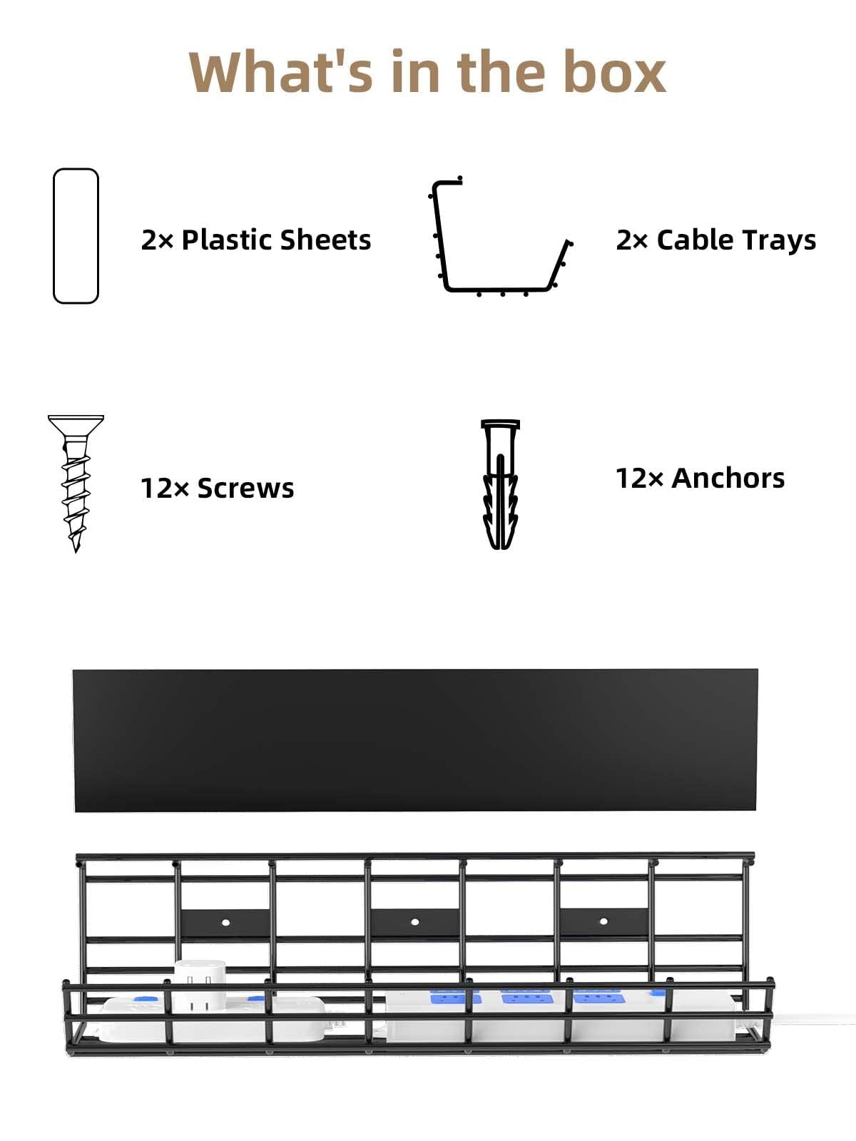 2 Pack Under Desk Cable Management Tray, 16.5'' Desk Cable Organizer Metal Wire Cord Management Under Desk Organizer for Office, Home, Black