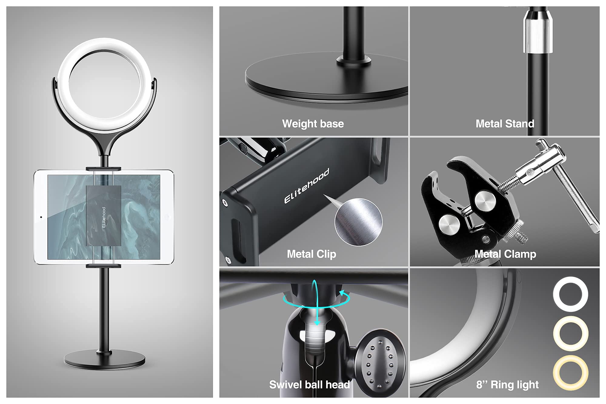 Elitehood iPad Stand with Ring Light for Online Video Conference, 3 Colors & 10 Brightness Computer Ring Light, Adjustable Desktop iPad Holder Stand for iPad Pro 12.9 11 Air Mini and 4-13’’ Tablet