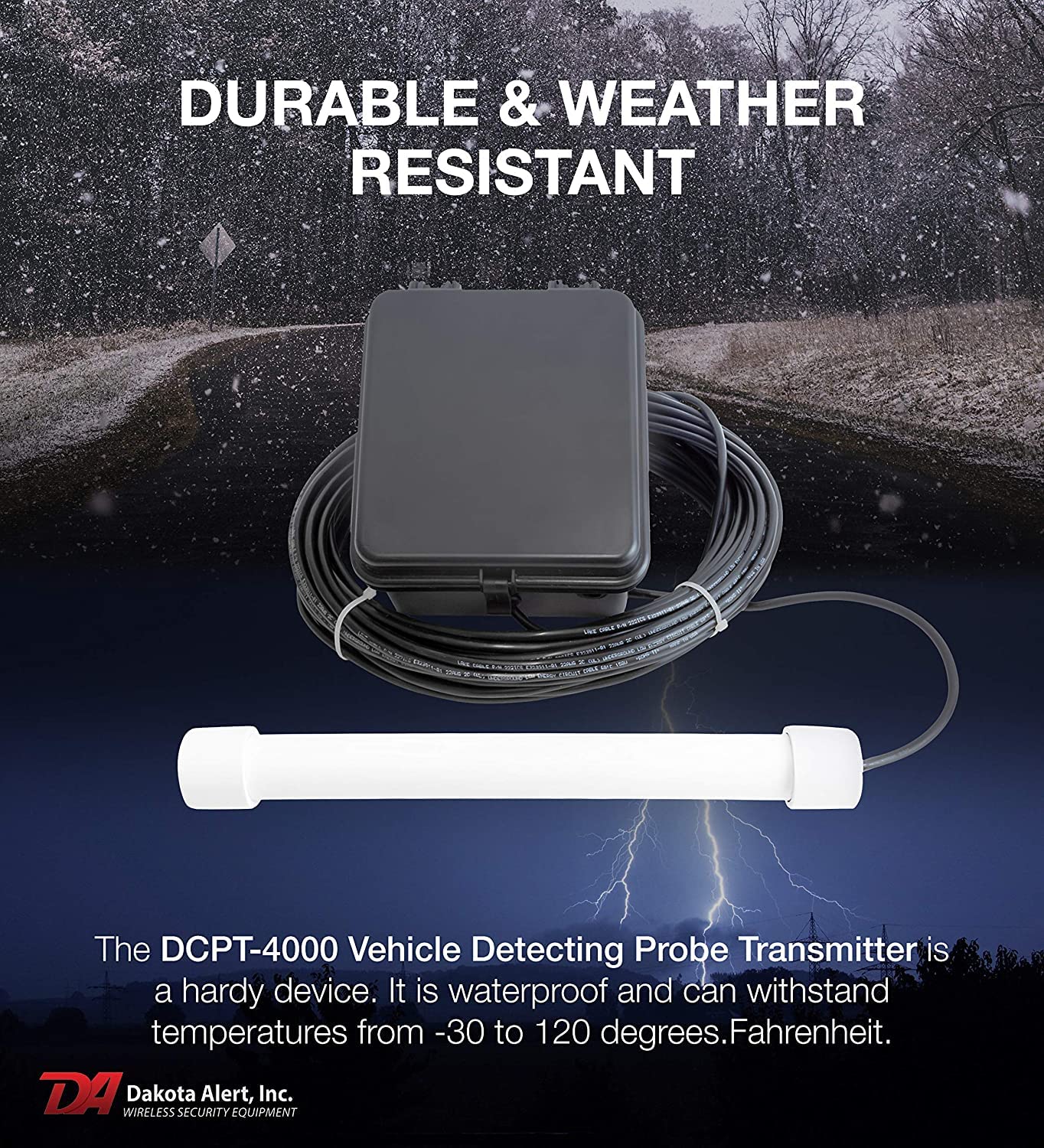 Dakota Alert Driveway Alarm Sensor - DCPA-4k Plus Driveway Alarms Wireless Outside Weatherproof Alert System, 1-Mile-Long Range Sensors, Receiver & Vehicle Detecting Probe Transmitter & 50' Wire