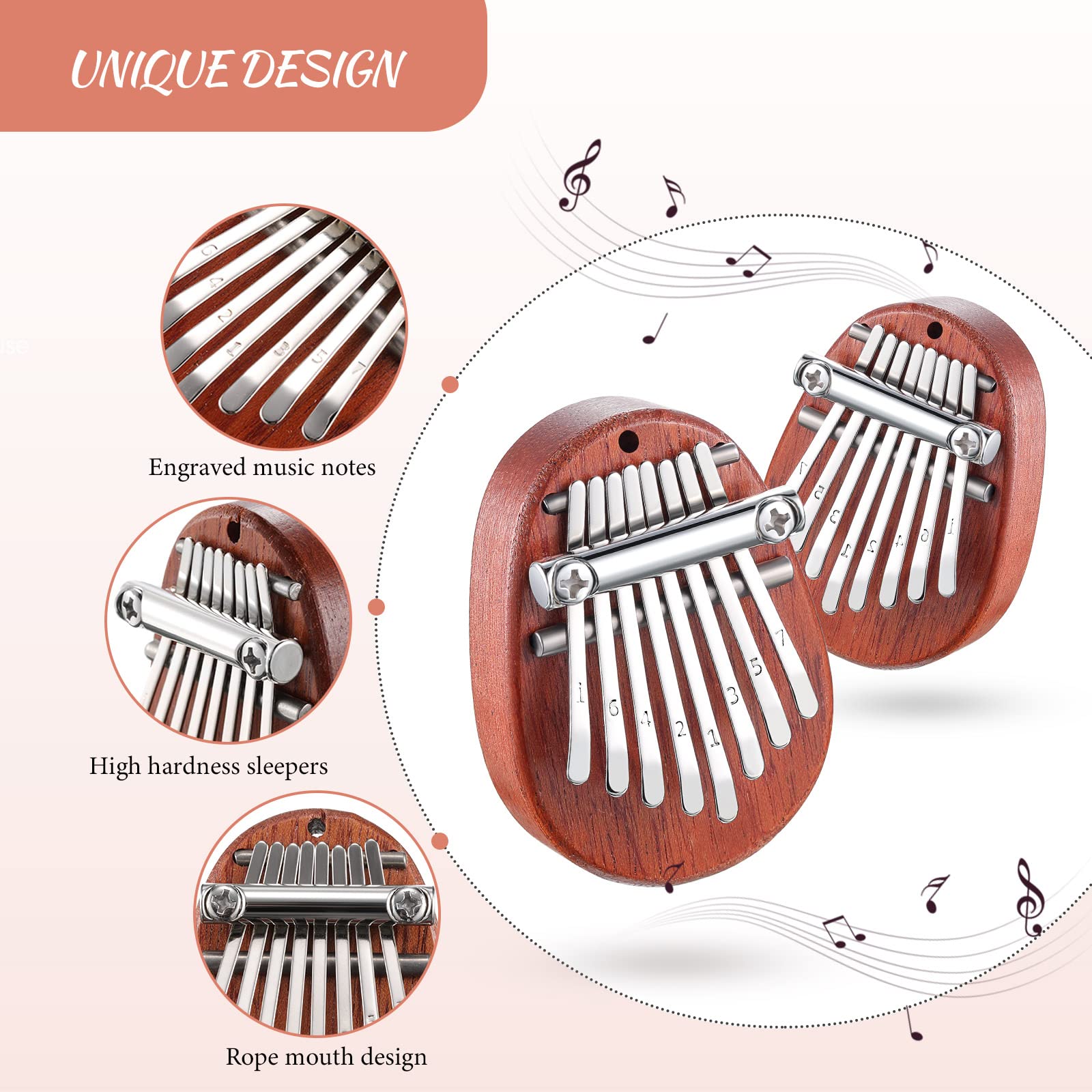 2 Set 8 Keys Mini Thumb Piano Include 2 Music Sheet 2 Christmas Card 2 Lanyard Chain 2 Cleaning Cloth 4 Finger Protector with 2 Gift Box for Kids and Adult Beginners Gift(Pink)