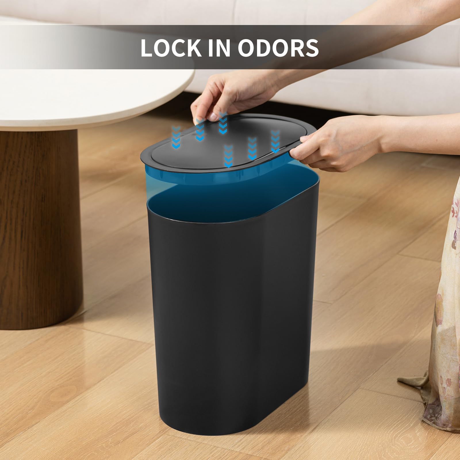 2 Pack Bathroom Trash Can with Lid, 4 Gallon/15L Narrow Garbage Can with Press Top Lid, Covered Trash Bin, Plastic Trashcan Slim Waste Basket for Kitchen, Bedroom, Office, Craft Room, Laundry, Black