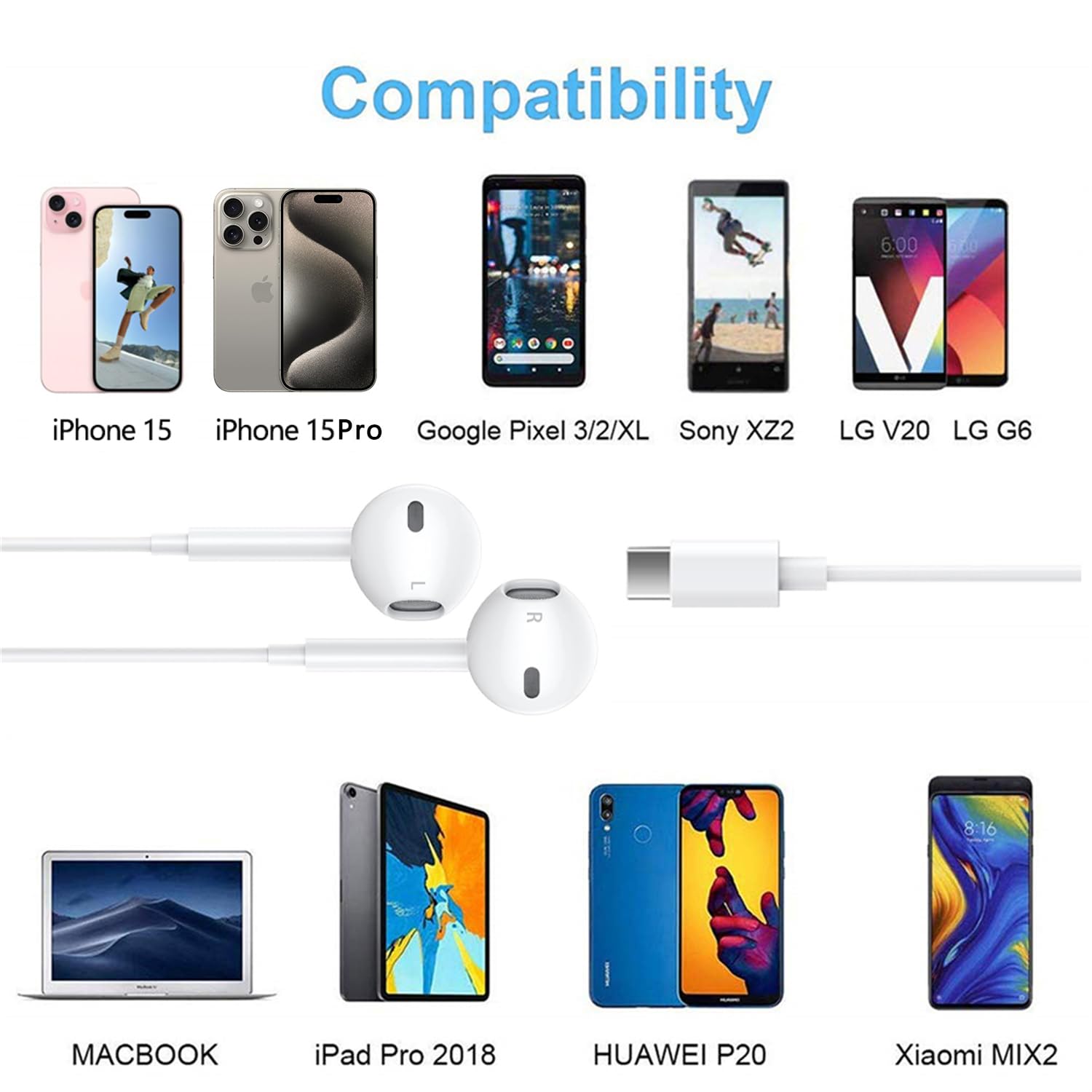2 Pack USB C Headphones,Type C in-Ear Earbuds with Microphone & Remote Noise Cancelling in-Ear Headset Control for iPhone 15 Pro Samsung Galaxy S23/S22/S21/S20, Note 20, Google Pixel 7/6/6a/5/4
