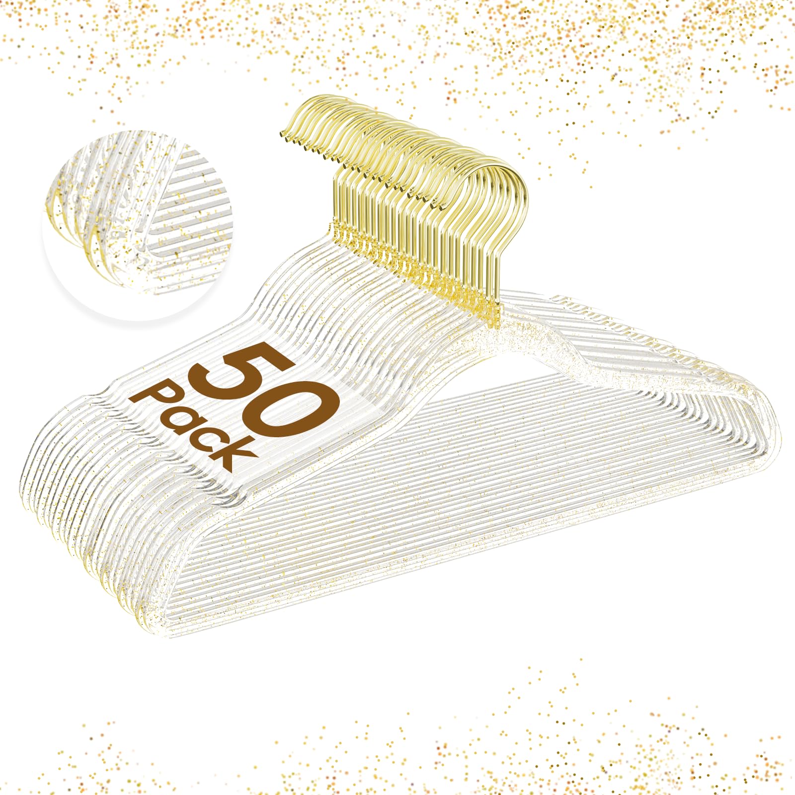 UEAKPIC 50 Pack Clear Plastic Hangers with Gold Glitter, Acrylic Hangers Ultra Slim & Space Saving Suit Hangers for Coats, Pants & Dress Clothes