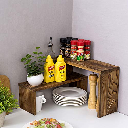 MyGift Kitchen Corner Storage Shelf, Rustic Burnt Solid Wood Countertop Storage Display Shelf, Dorm Desk Bathroom Office Adjustable Shelf Organizer, 2 Piece Set