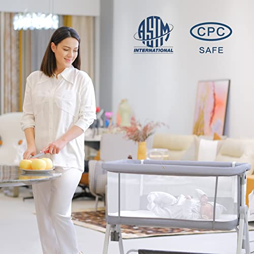 Baby Bassinet Bedside Sleeper for Baby with Wheels and Storage Basket ,All Mesh Portable Bedside Bassinet Co Sleeper for Newborn /Infant,7 Height Adjustable Easy to Assemble Bedside Crib(3 in 1,Grey)
