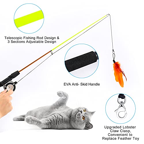 9 PCS Cat Fishing Pole Toy, Retractable Cat Feather Toys with Cat Wand Plush Fish Worm Feathers with Bells Catnip Interactive Cat Teaser Toys for Kitten Cat